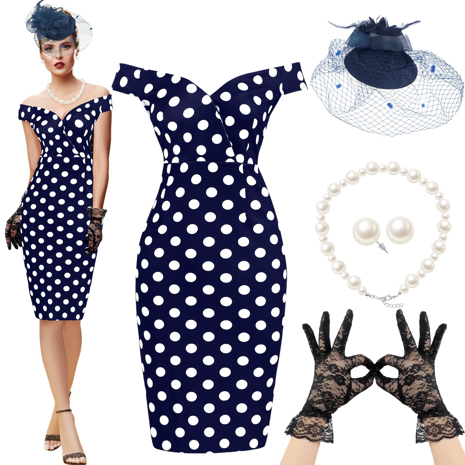 JenPen 5 Pcs Women's Vintage Polka Dot Dress Retro Pencil Dress Floral ...