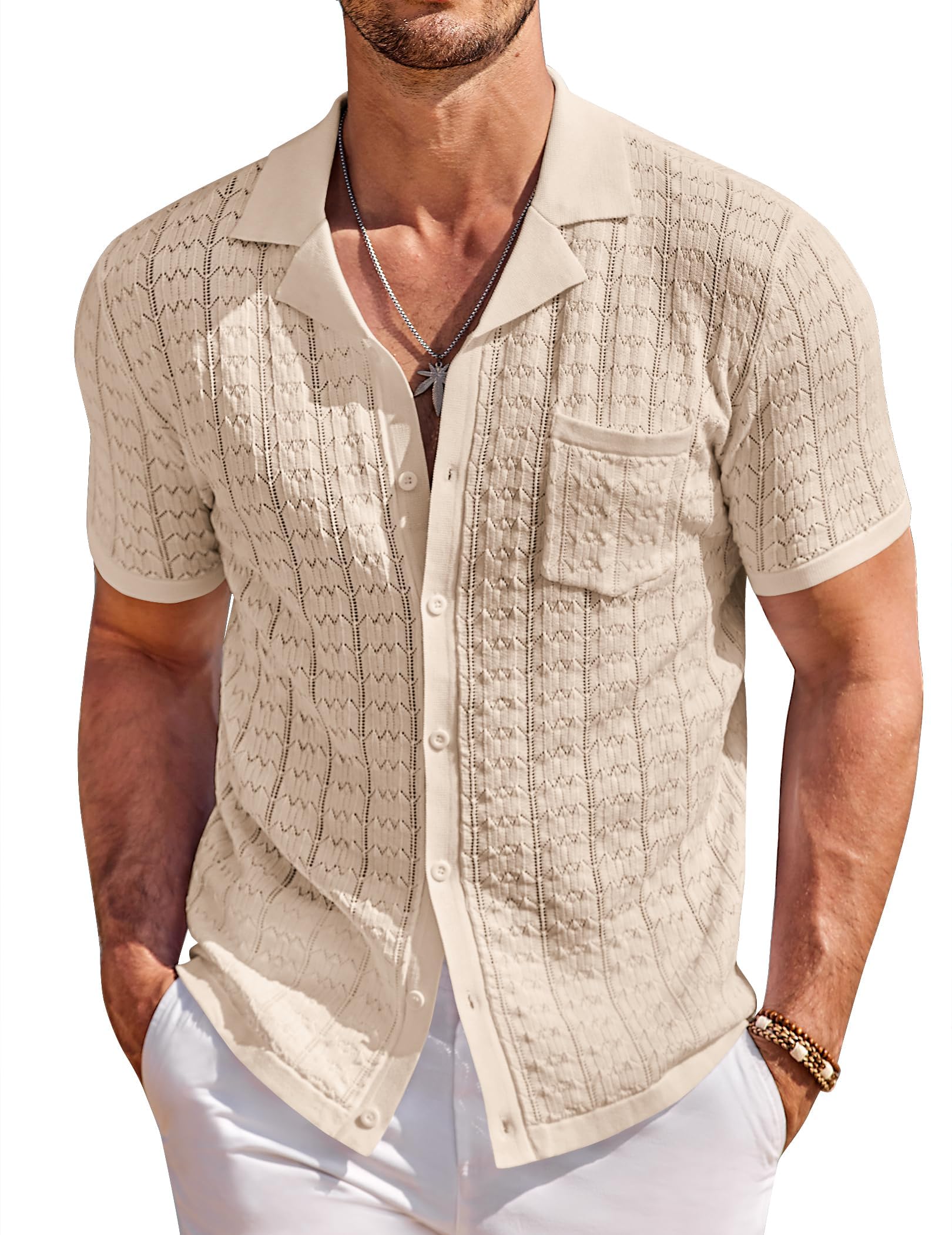 COOFANDY Men's Knit Button Down Shirt Short Sleeve Vintage Polo Shirts Summer Casual Beach Tops ...