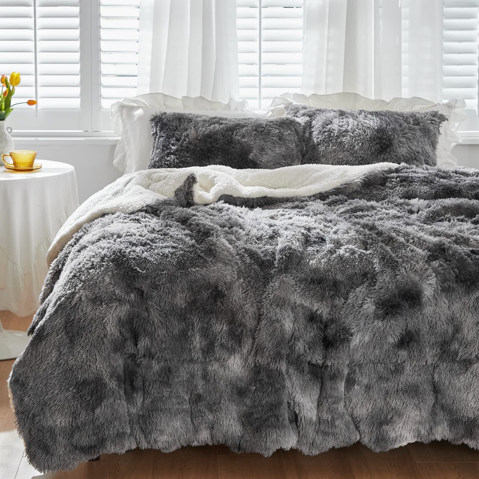 Luxury Faux Fur Shaggy Comforter Set King Size, Plush & Sherpa ...