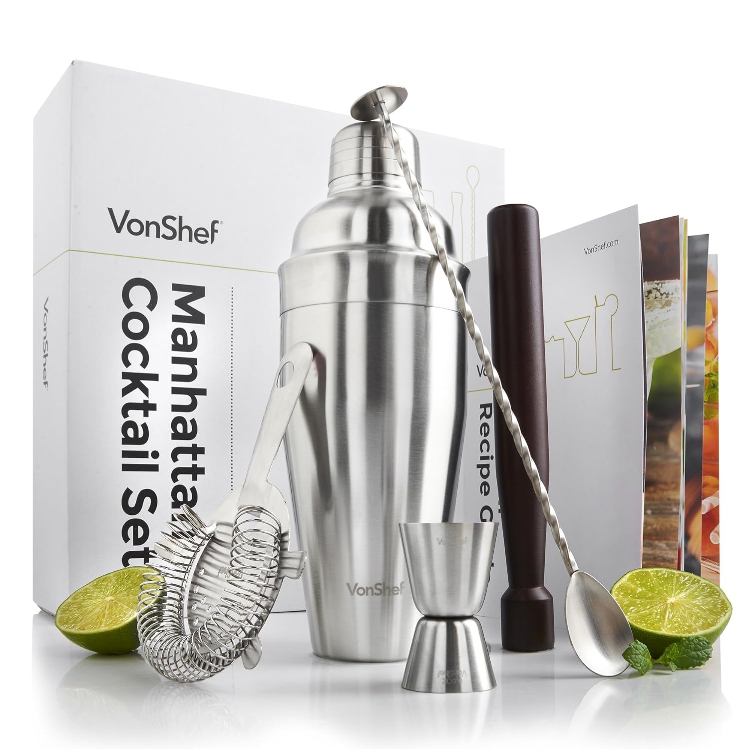 the VonShef Stainless Steel Manhattan Cocktail Set with Recipe Book ...