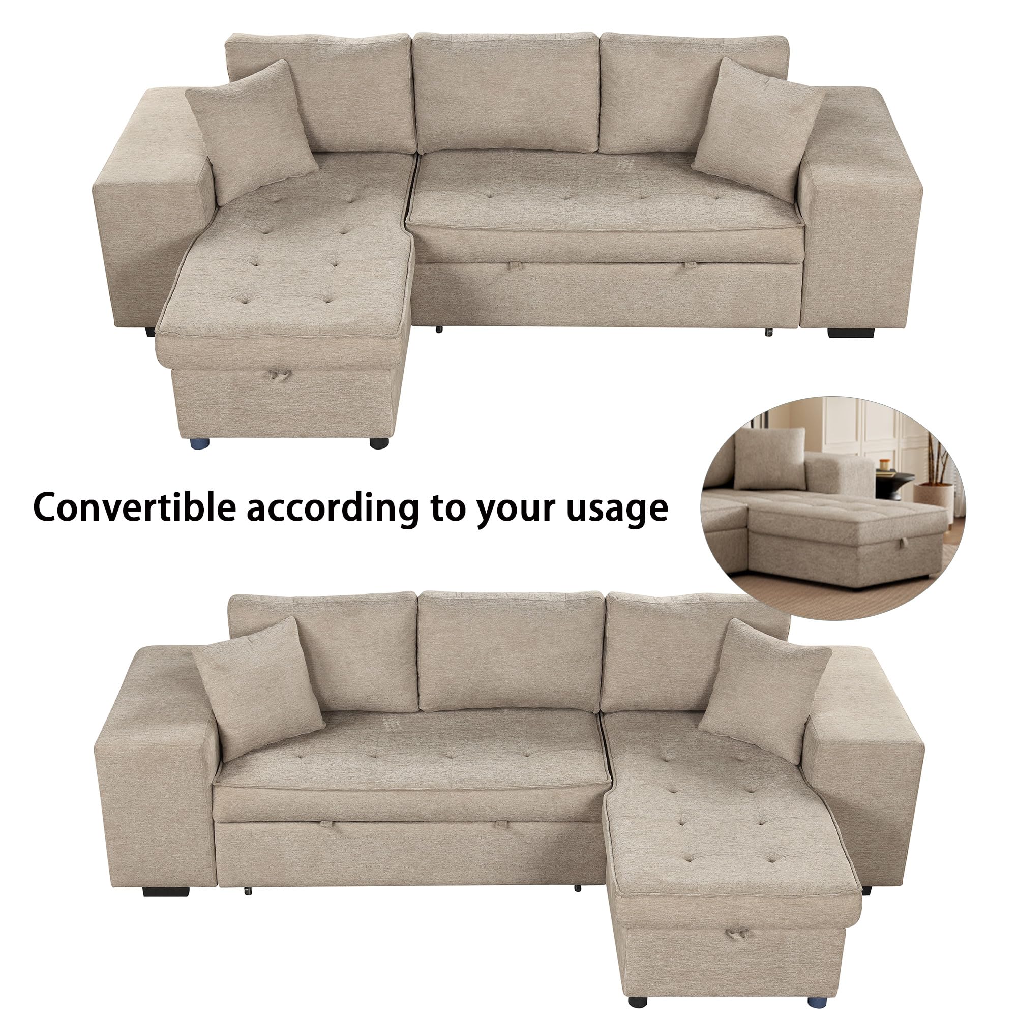 Eafurn Reversible Sleeper Sectional Sofa With Storage Chaise, Comfy Button Tufted Convertible ...