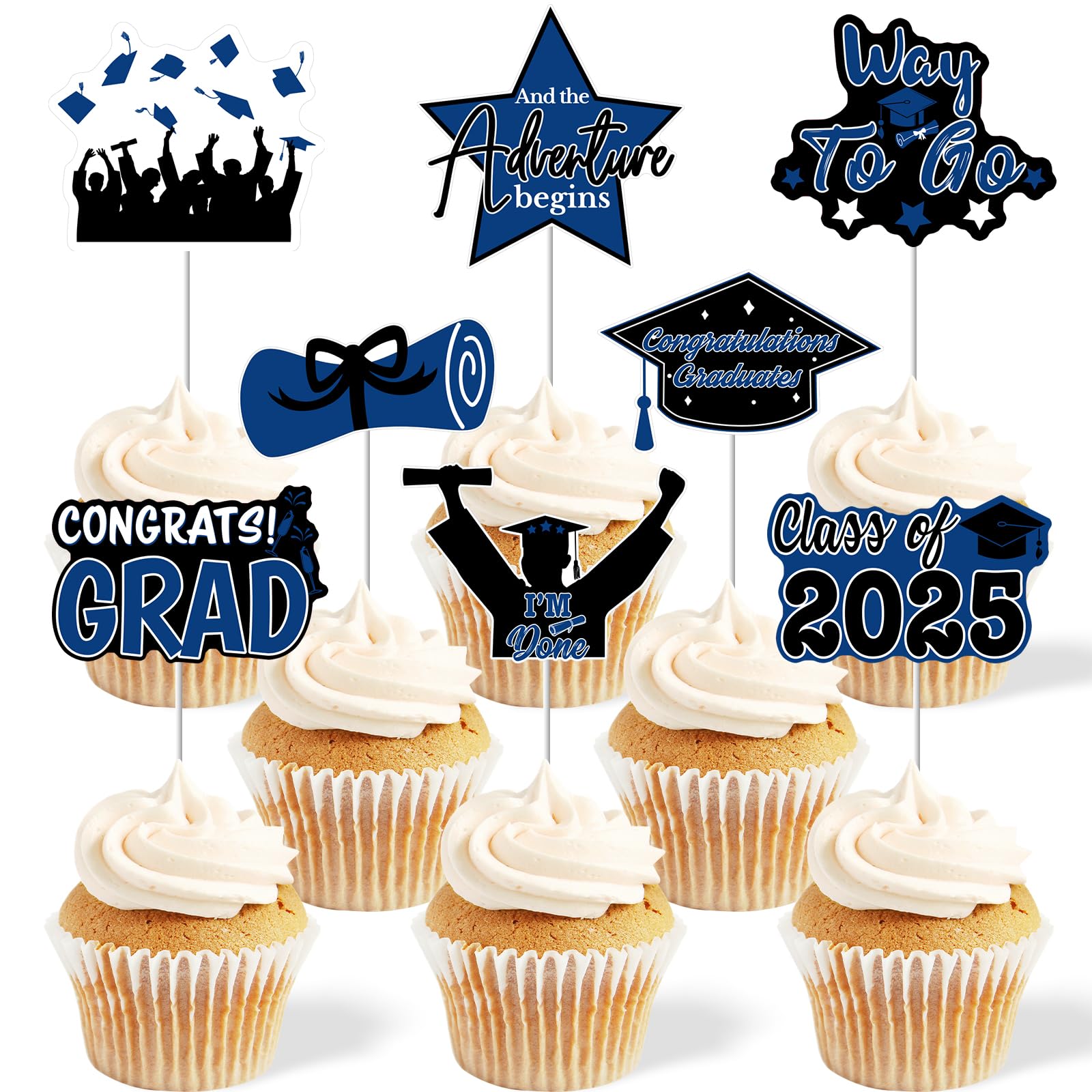 2025 Graduation Cupcake Toppers - 48 Pcs Blue Graduation Party Supplies ...