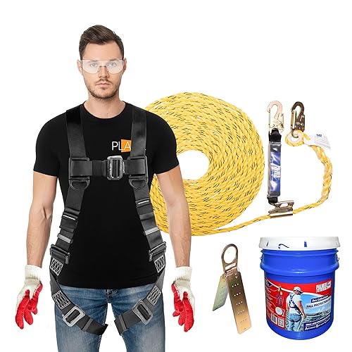 Palmer Safety Harness, 50ft Vertical Rope and Anchor Set I Construction Fall Arrest Kit for ...