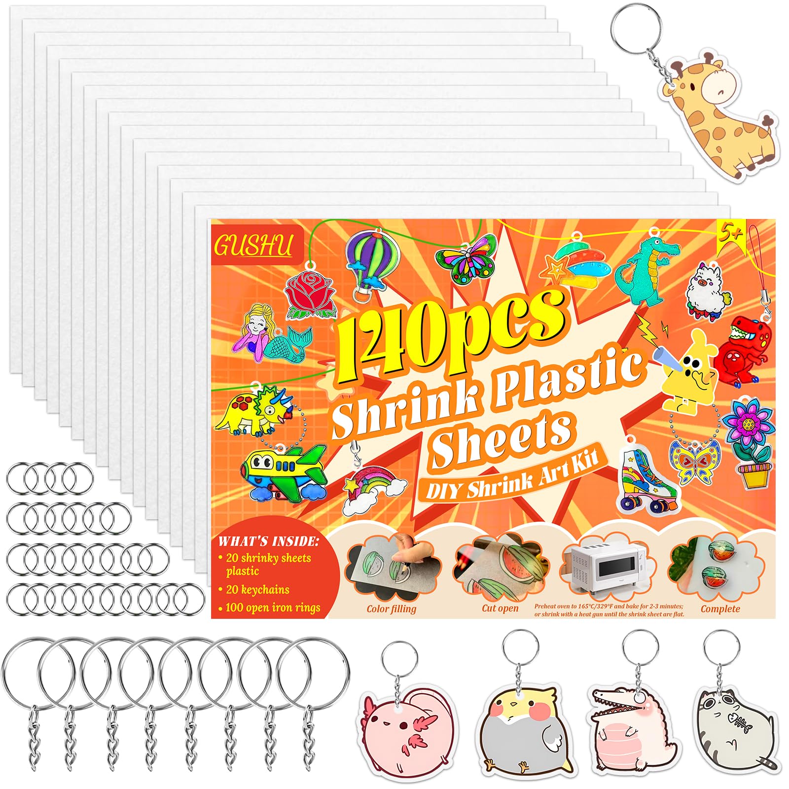 Gushu 140PCS Shrinky Plastic Sheets Kit, Shrink Paper Keychain Kit with 20PCS Shrink Paper ...