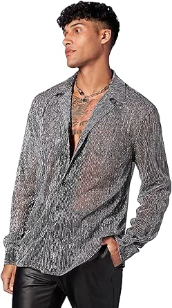 WDIRARA Men's Sheer Mesh See Through Glitter Button Front Long Sleeve ...