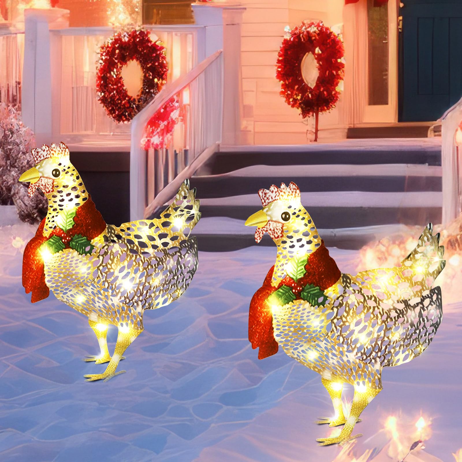 Shellwei 2 Pcs Light up Chicken with Scarf Christmas Decoration Metal ...