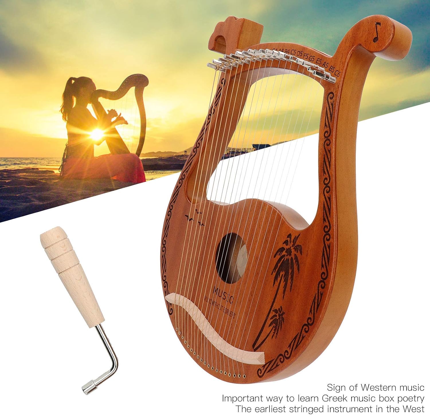 Vbest life Lyre Harp, Portable Mahogany Wood 19 String Harp with Tuning ...