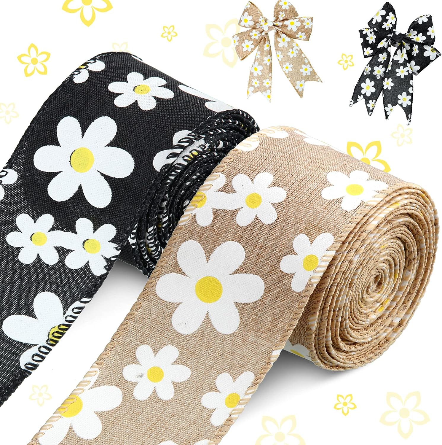 2 Rolls 2.5 Inch Flower Daisy Wired Edge Ribbon Summer Spring Floral ...