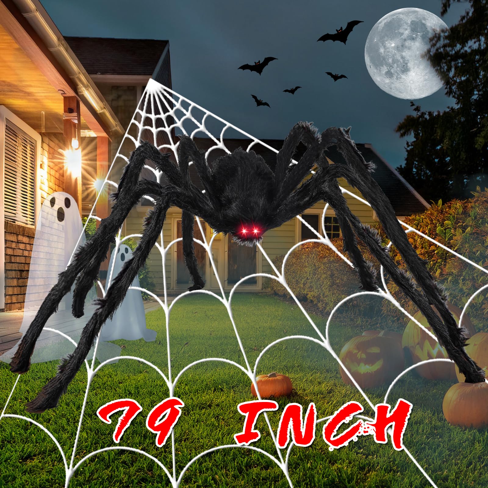 79" Halloween Giant Hairy Fake Spider with 200" Triangular Spider Web ...