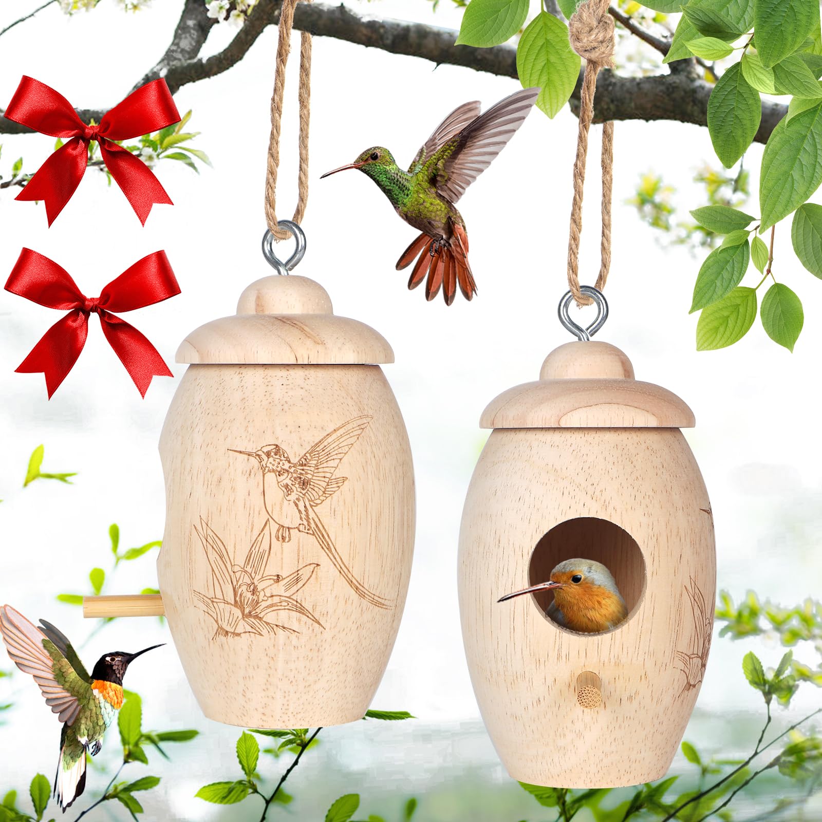 Hummingbird House, 2 PCS Wooden Hummingbird Houses for Outside for ...