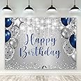 Amazon.com : Riyidecor Royal Navy Blue Silver Happy Birthday Backdrop Party Decorations for Men ...