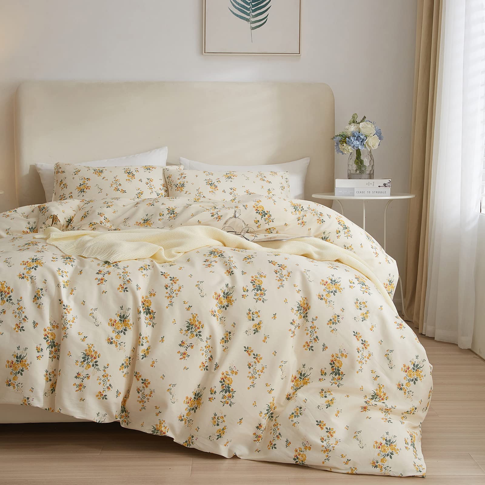 Eavd Yellow Floral Comforter Set Full Bed White Soft Microfiber Chic 6648