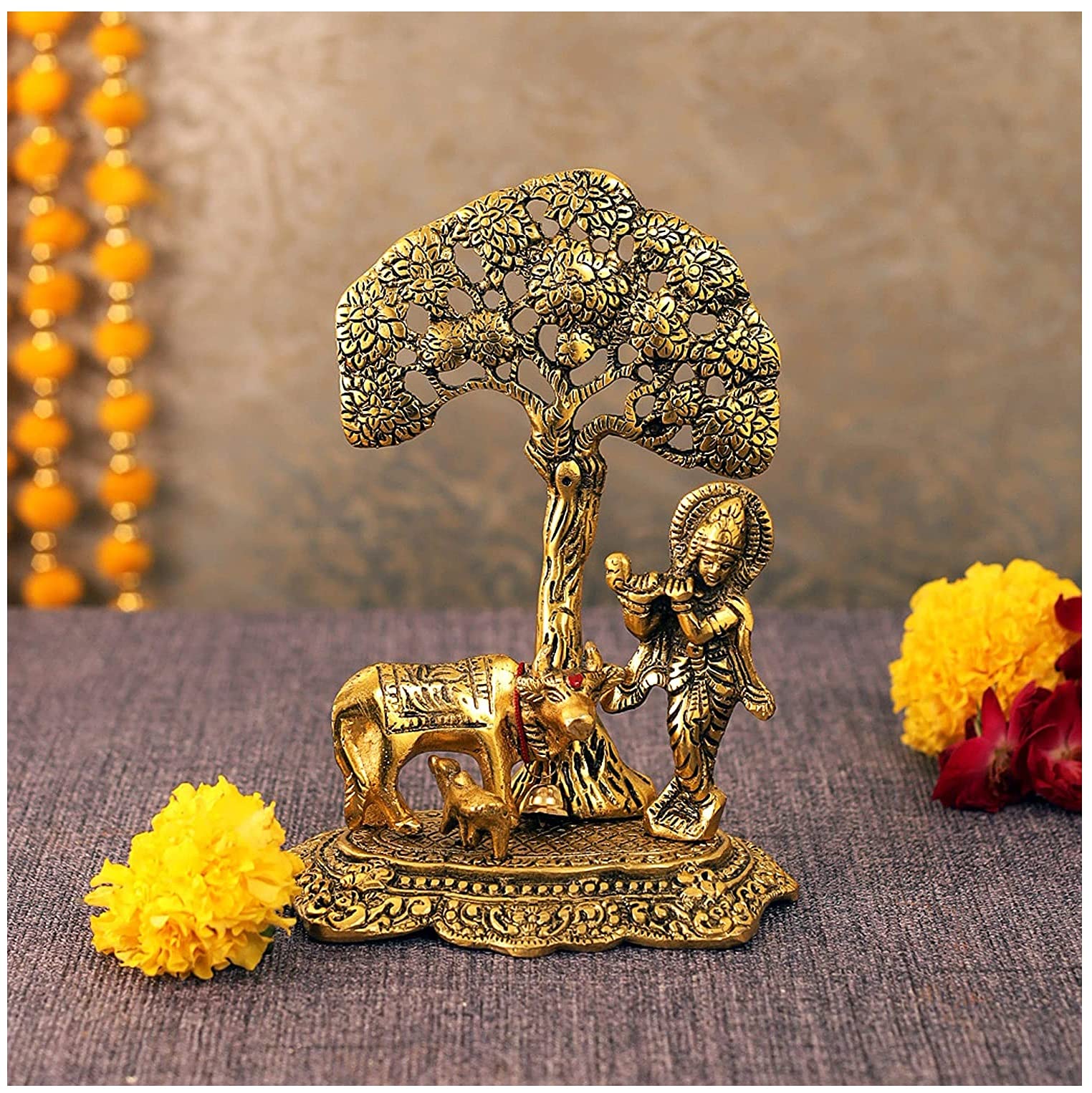 NOBILITY Krishna Statue Idol with Cow and Calf Under Tree Idol Hindu ...