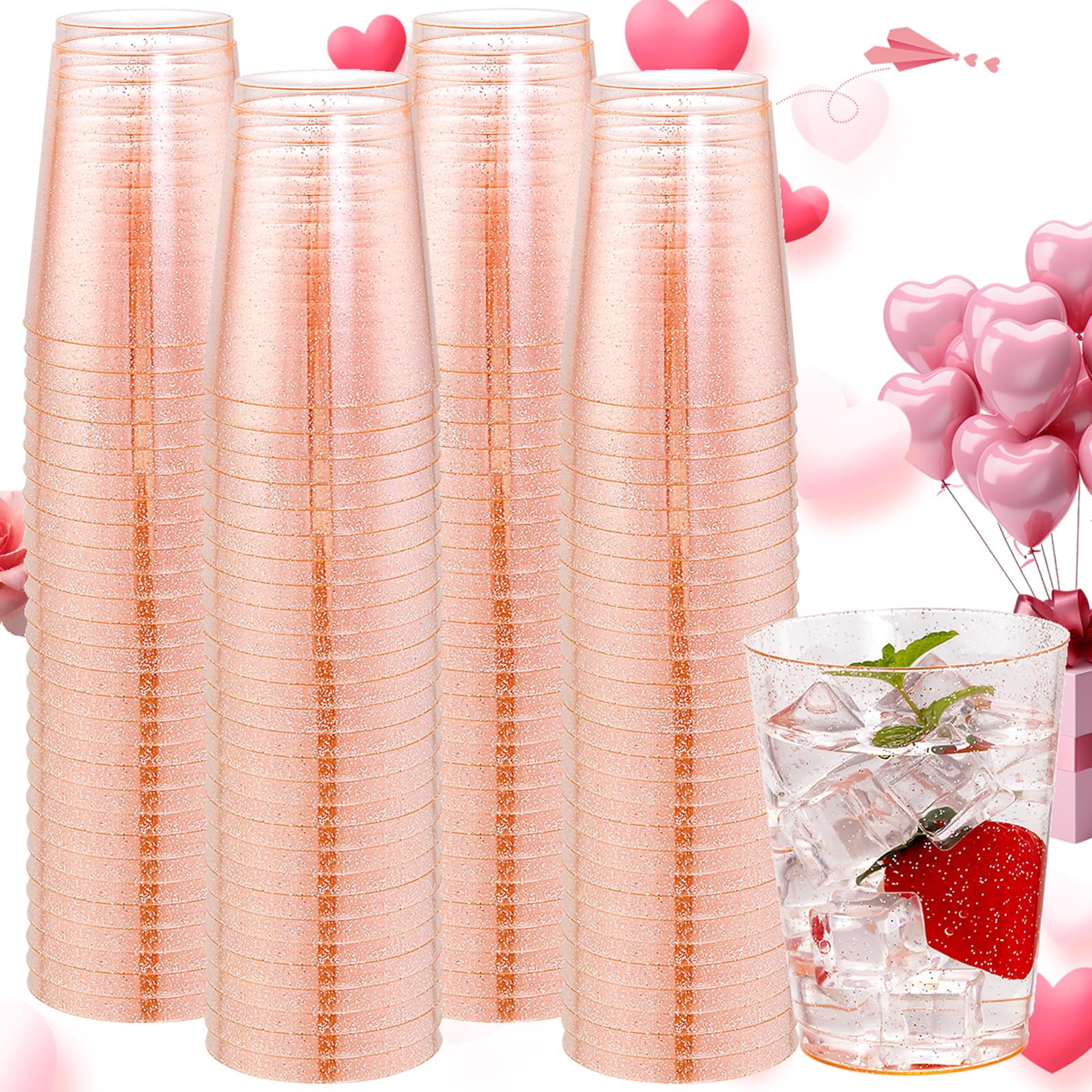 DaYammi 100 Pack 10oz Pink Plastic Cups Premium Disposable Glitter ...