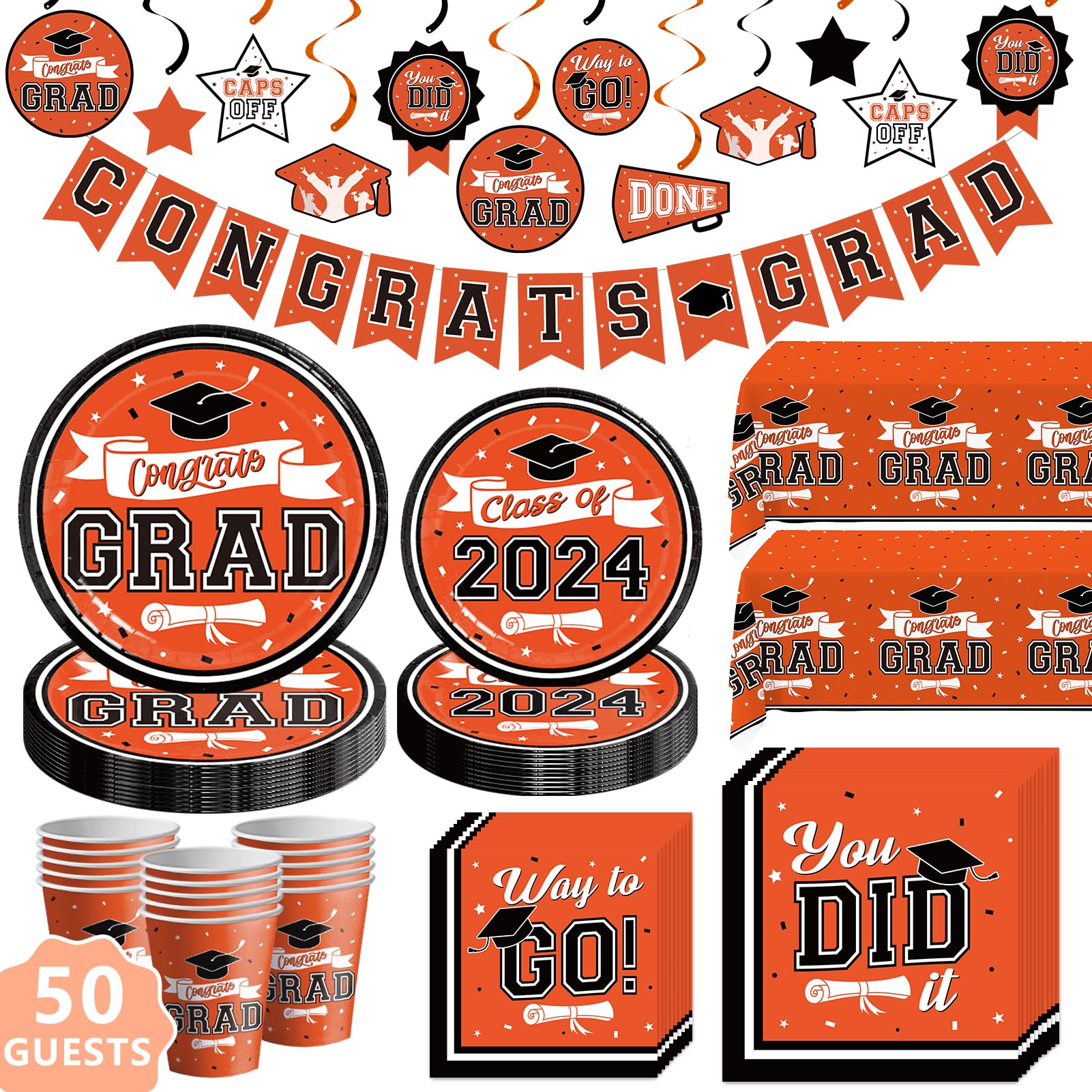 DAZONGE Graduation Decorations Class of 2024 Orange, Disposable ...