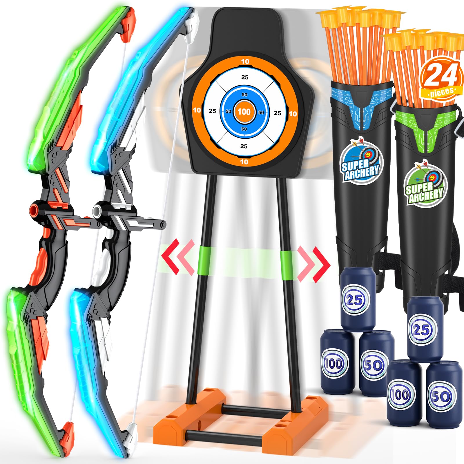 HYES 2 Pack Bow and Arrow with Moving Target for Kids, LED Light Up ...