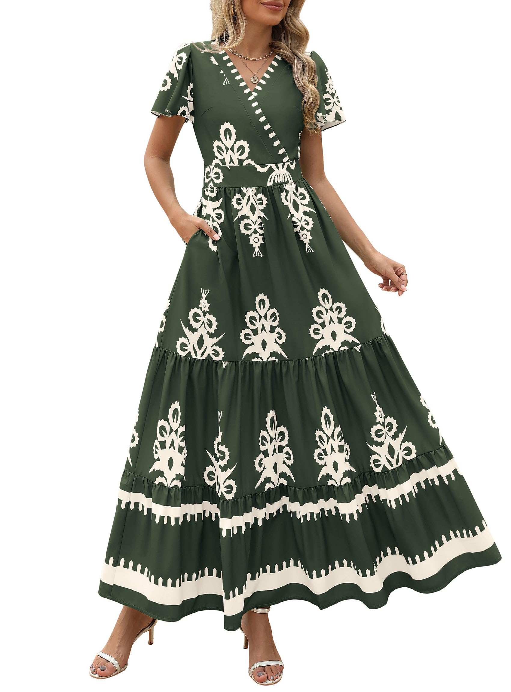 PRETTYGARDEN Womens 2025 Summer Casual V Neck Boho Maxi Dress Flowy ...