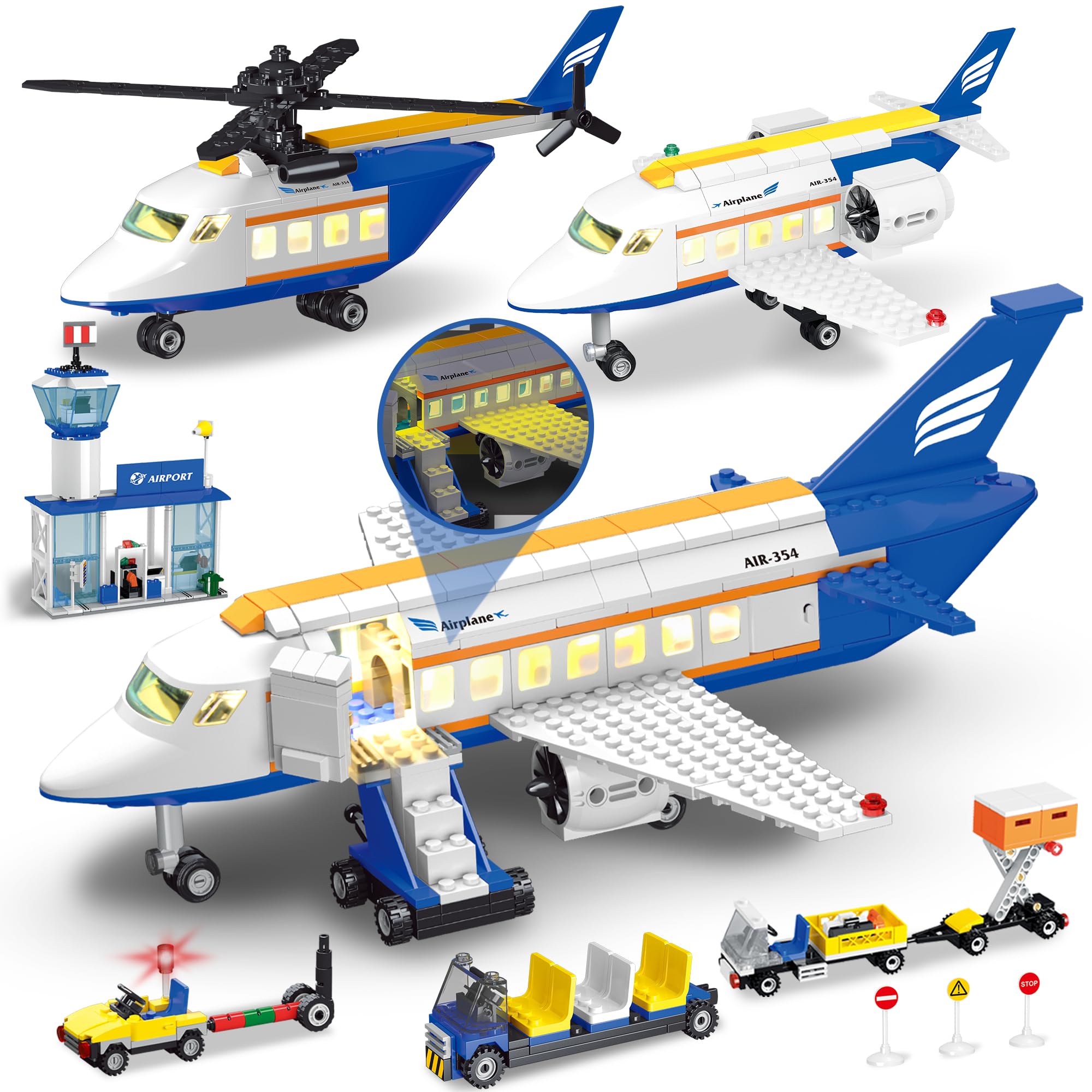 Airplane Set Building Toys with LED Light, 3 IN 1 Plane City Passenger ...