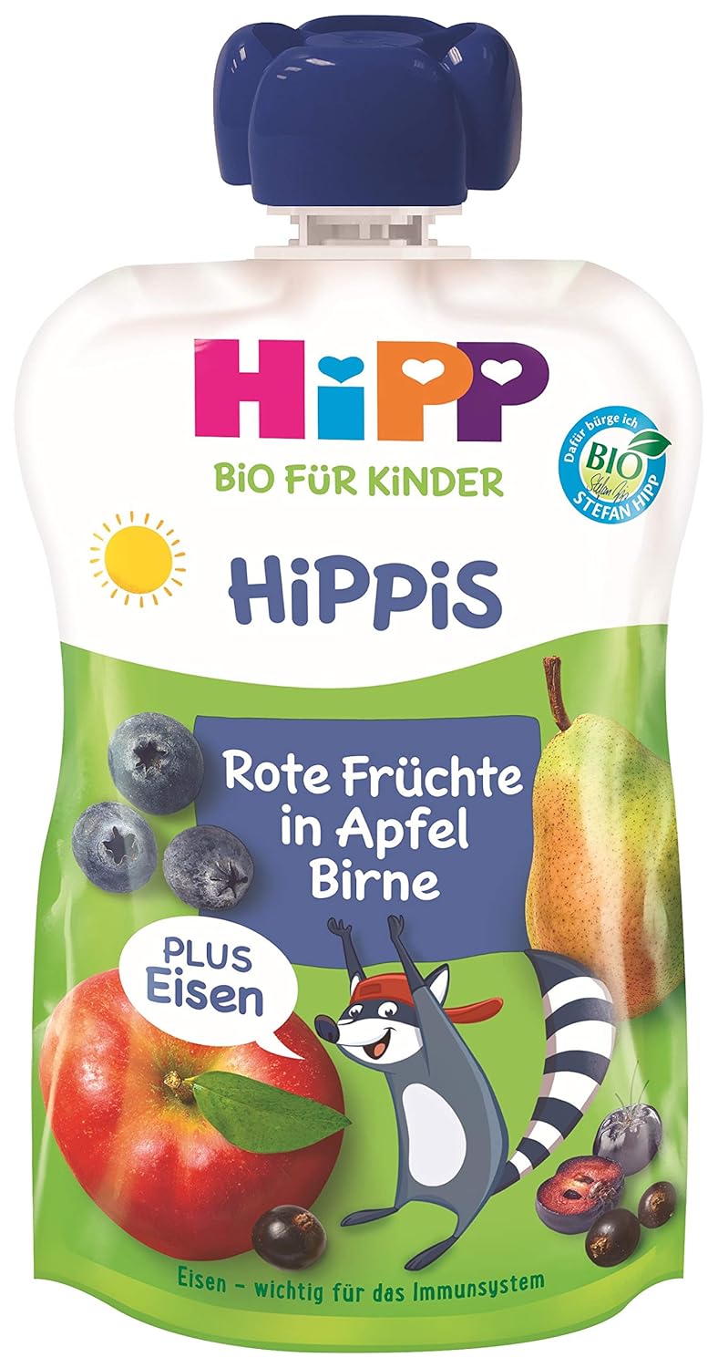 Hipp Bio für Kinder HiPPiS Frucht Plus Rote Früchte in Apfel Birne plus Eisen- Willi Waschbär ...