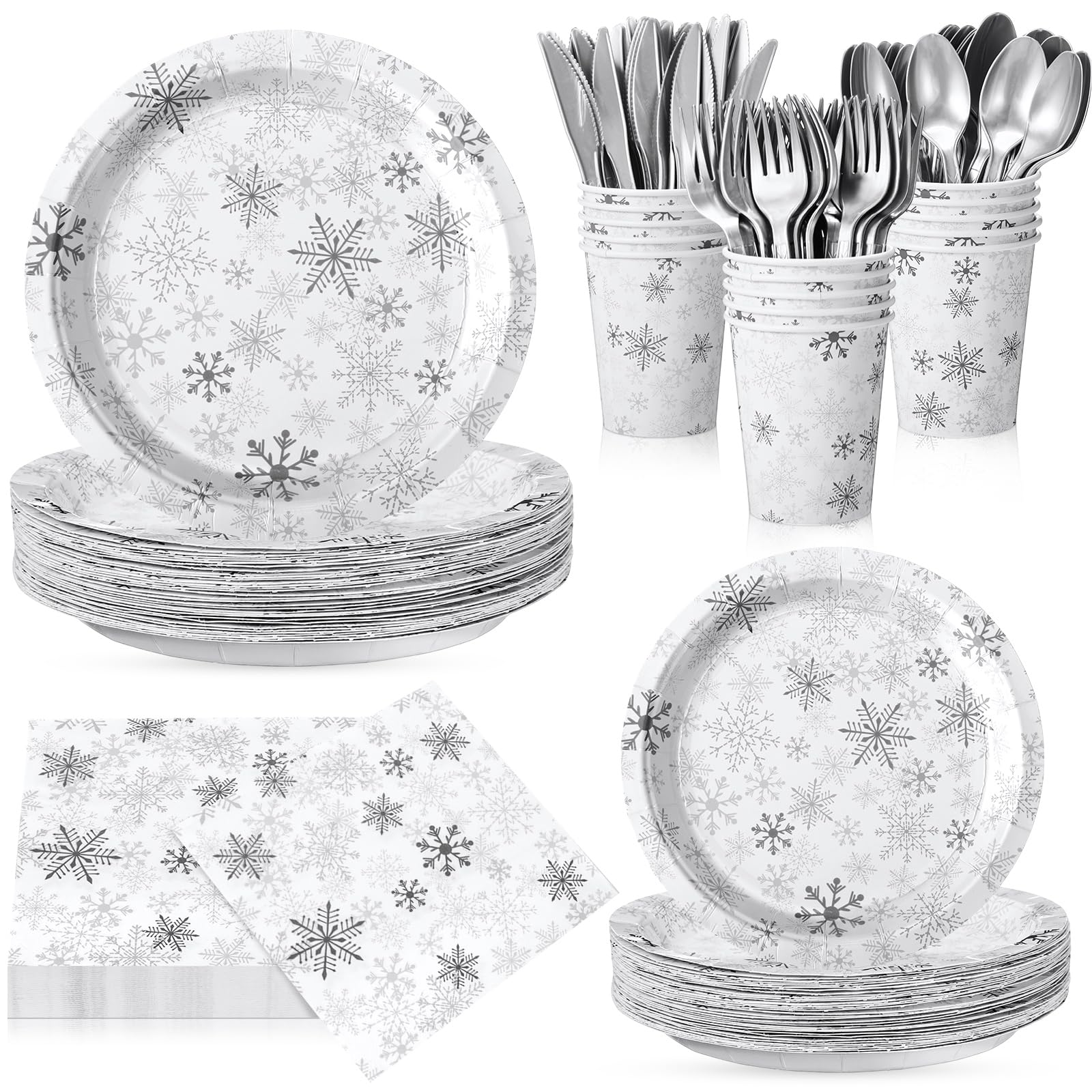 Potchen 210 Pcs Christmas Snowflake Tableware Set Wonderland Party ...