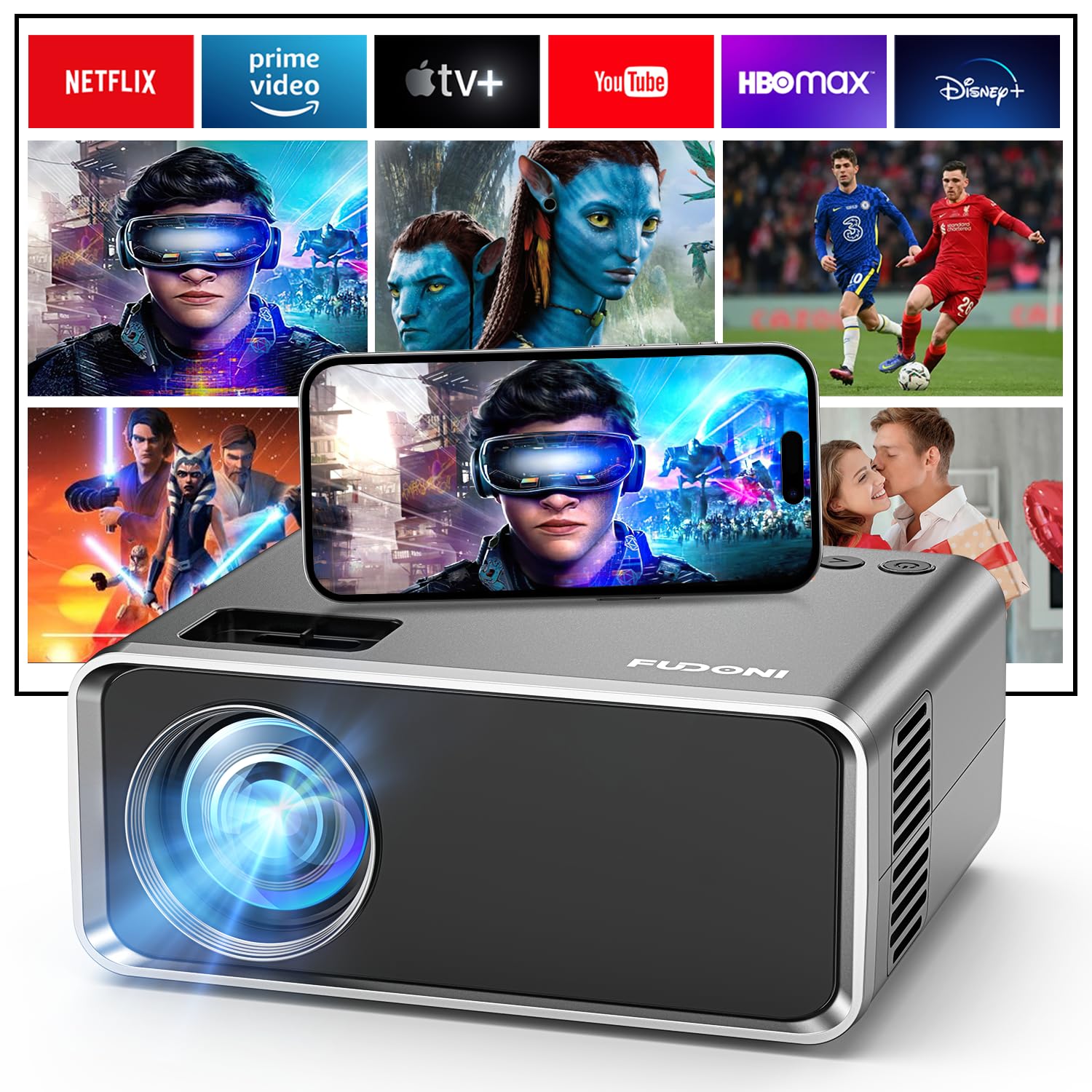 FUDONI Projector with WiFi and Bluetooth 4K Supported, Upgraded Outdoor ...