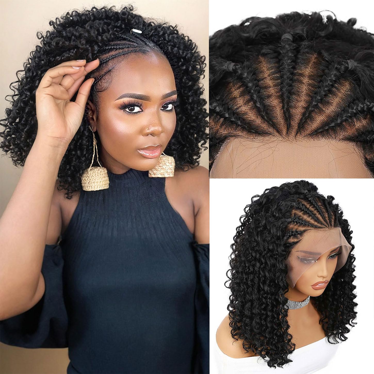 Fancy Hair Cornrow with Curly Hair Wig HD Lace Front Braided Wig with ...