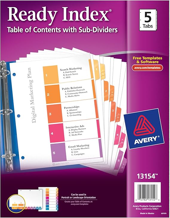Avery Ready Index Table of Contents Dividers with Sub-Dividers, 5-Tabs ...