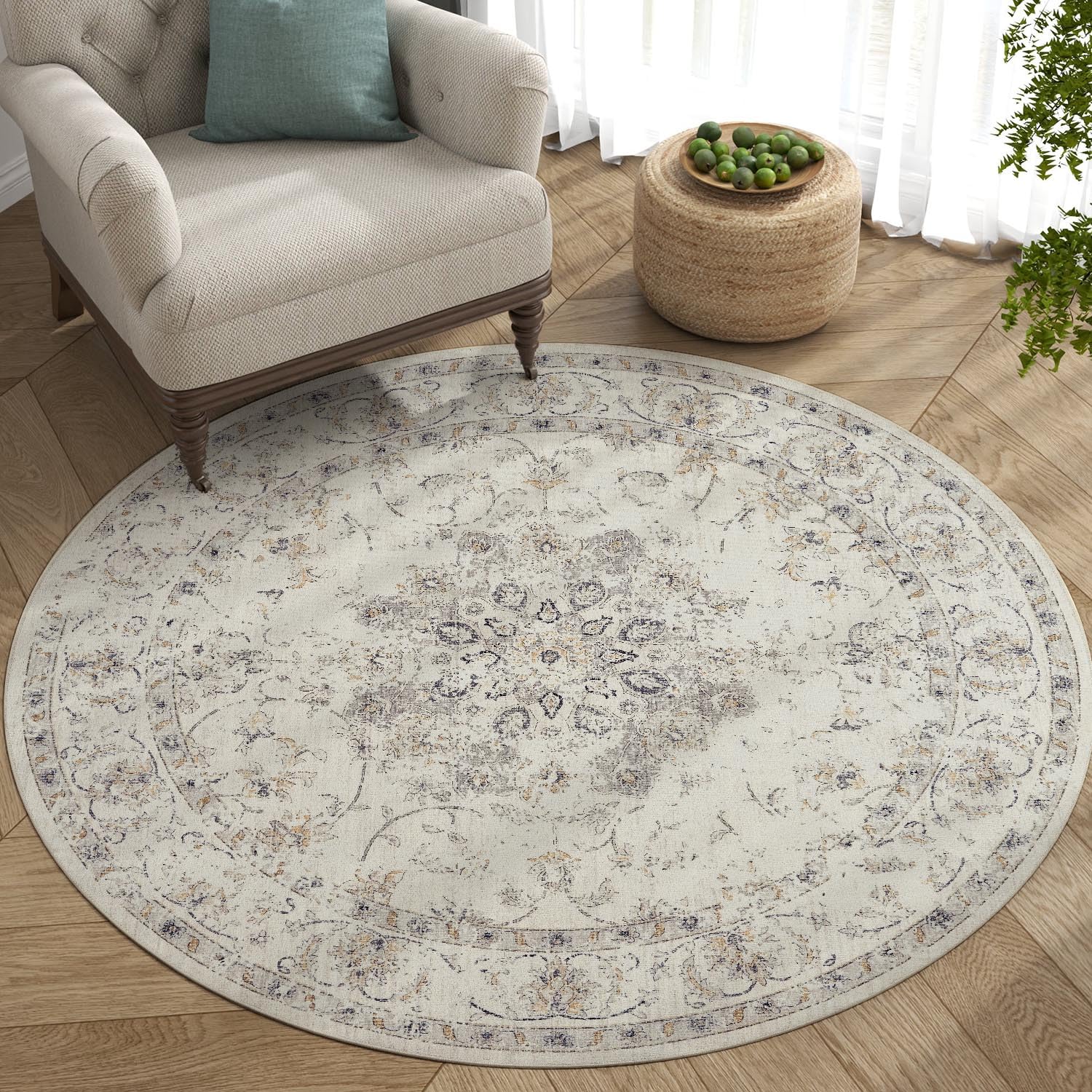 jinchan Washable Round Rug 5ft - Ultra-Thin Circle Rug Vintage Floral ...
