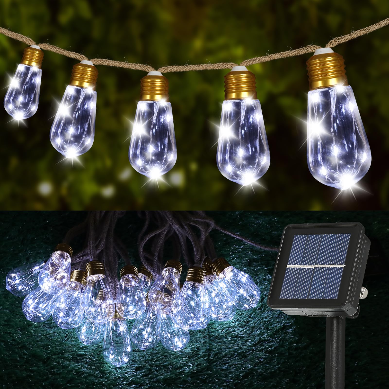 Solar Outdoor String Lights 24Ft Vintage Hemp Rope Solar Lights with 20 ...