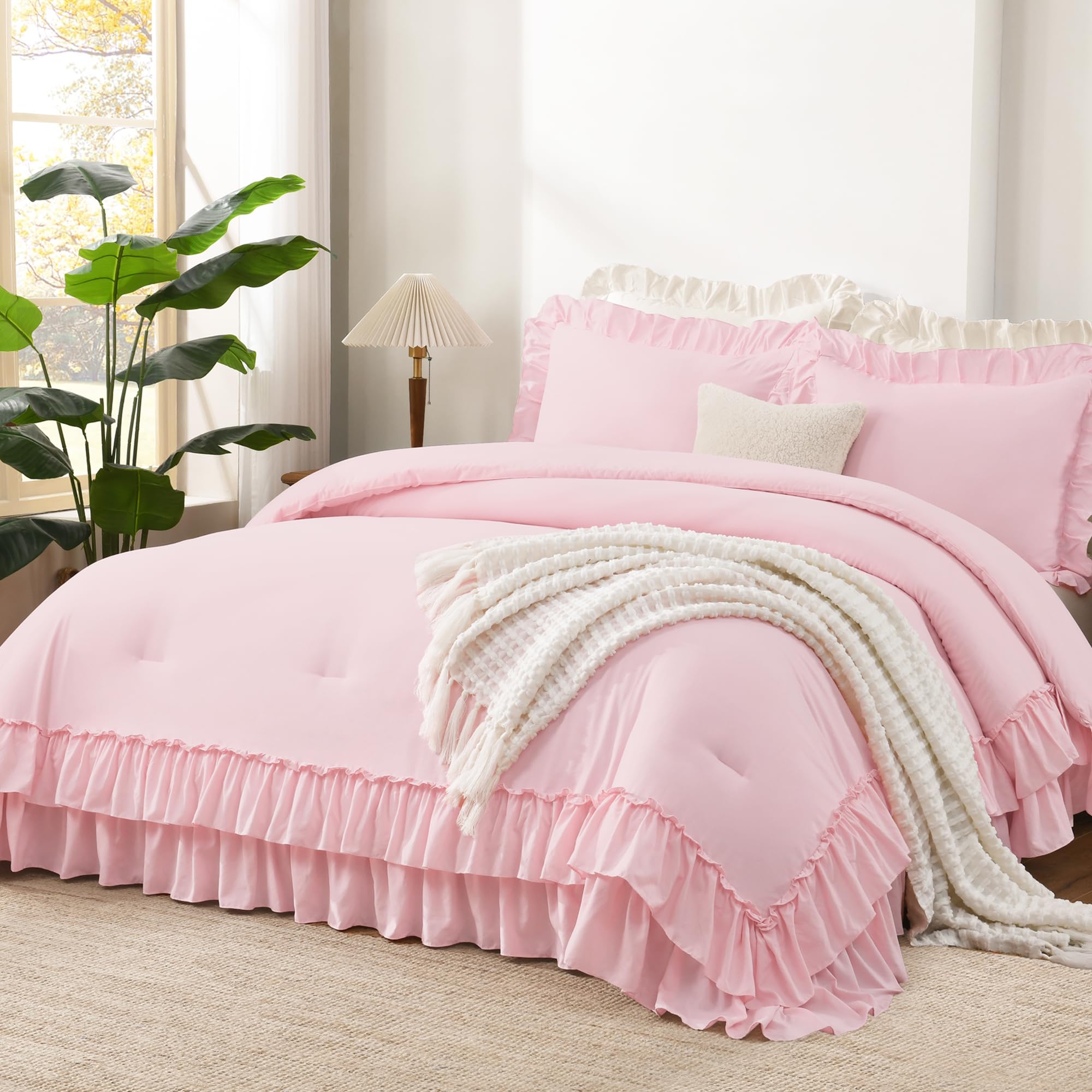 Andency Pink Comforter Set Queen Size, Lightweight Fluffy Farmhouse ...