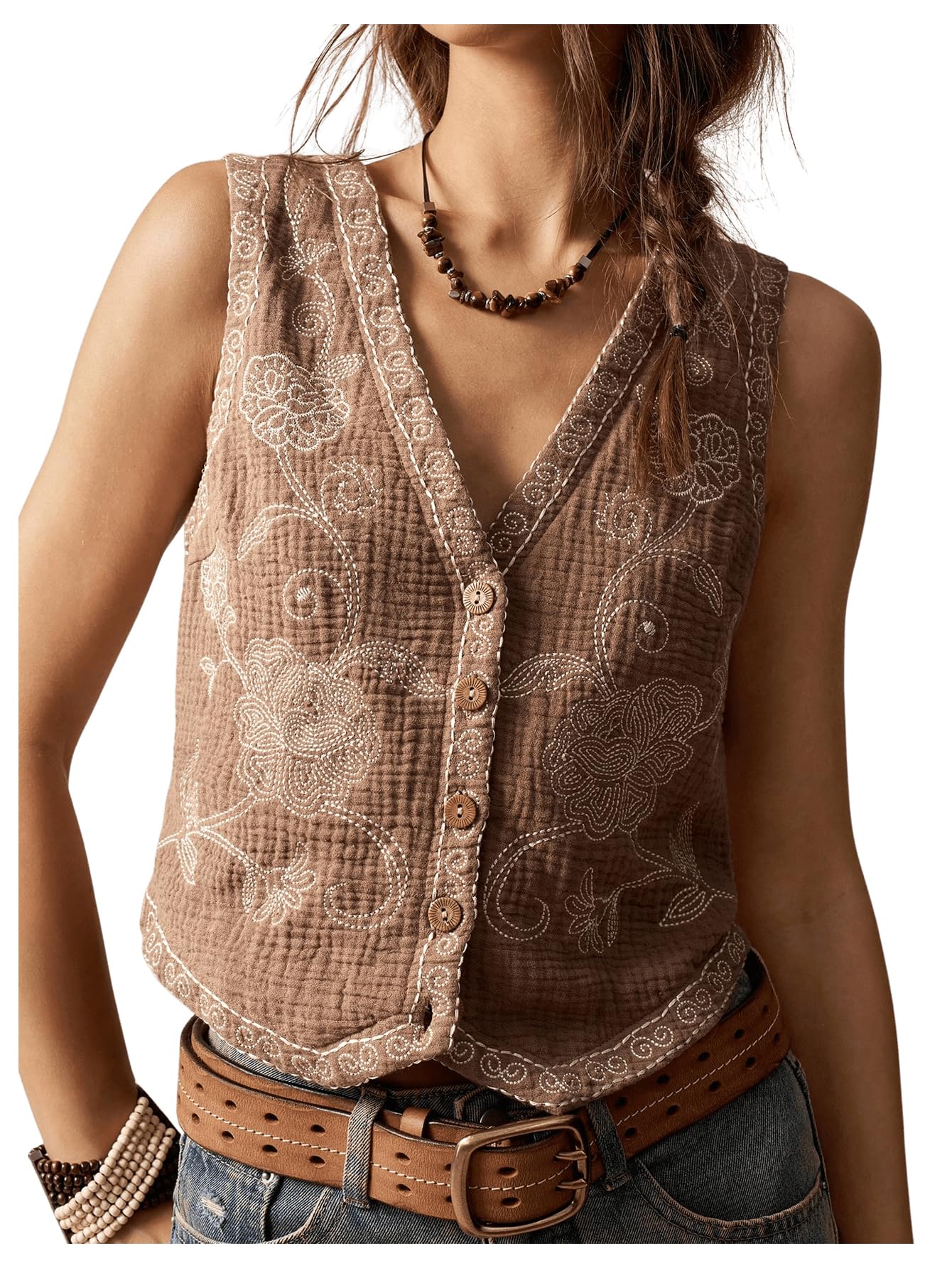 Verdusa Women's Boho Western Floral Embroidery Tank Tops Button Front V ...