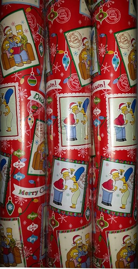 3 x Christmas Wrapping Paper Rolls - Kids Red The Simpsons & Snowflakes ...