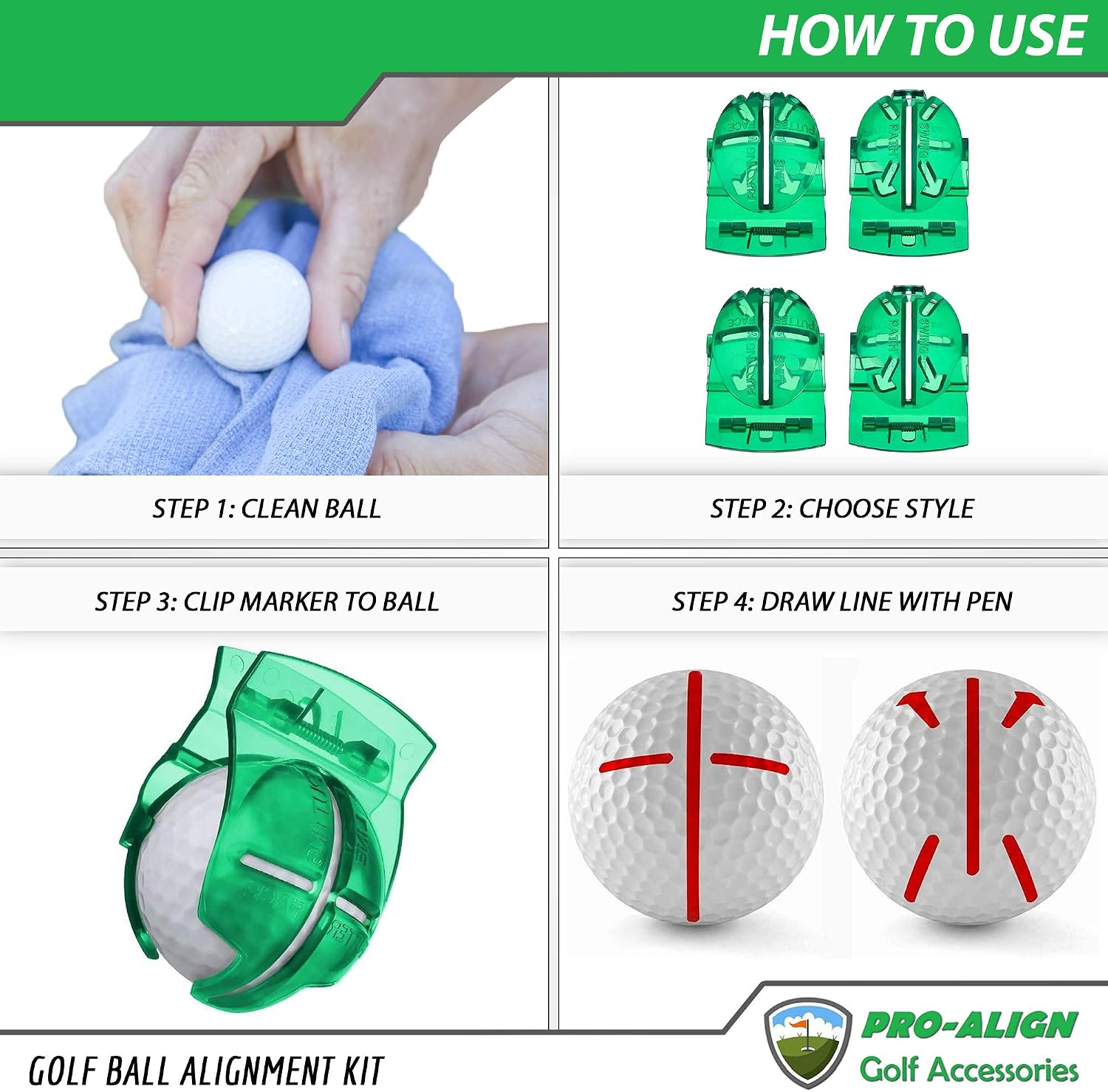 PRO-ALIGN Golf Ball Marker Alignment Tool kit 4pcs Ball Marking Stencil ...