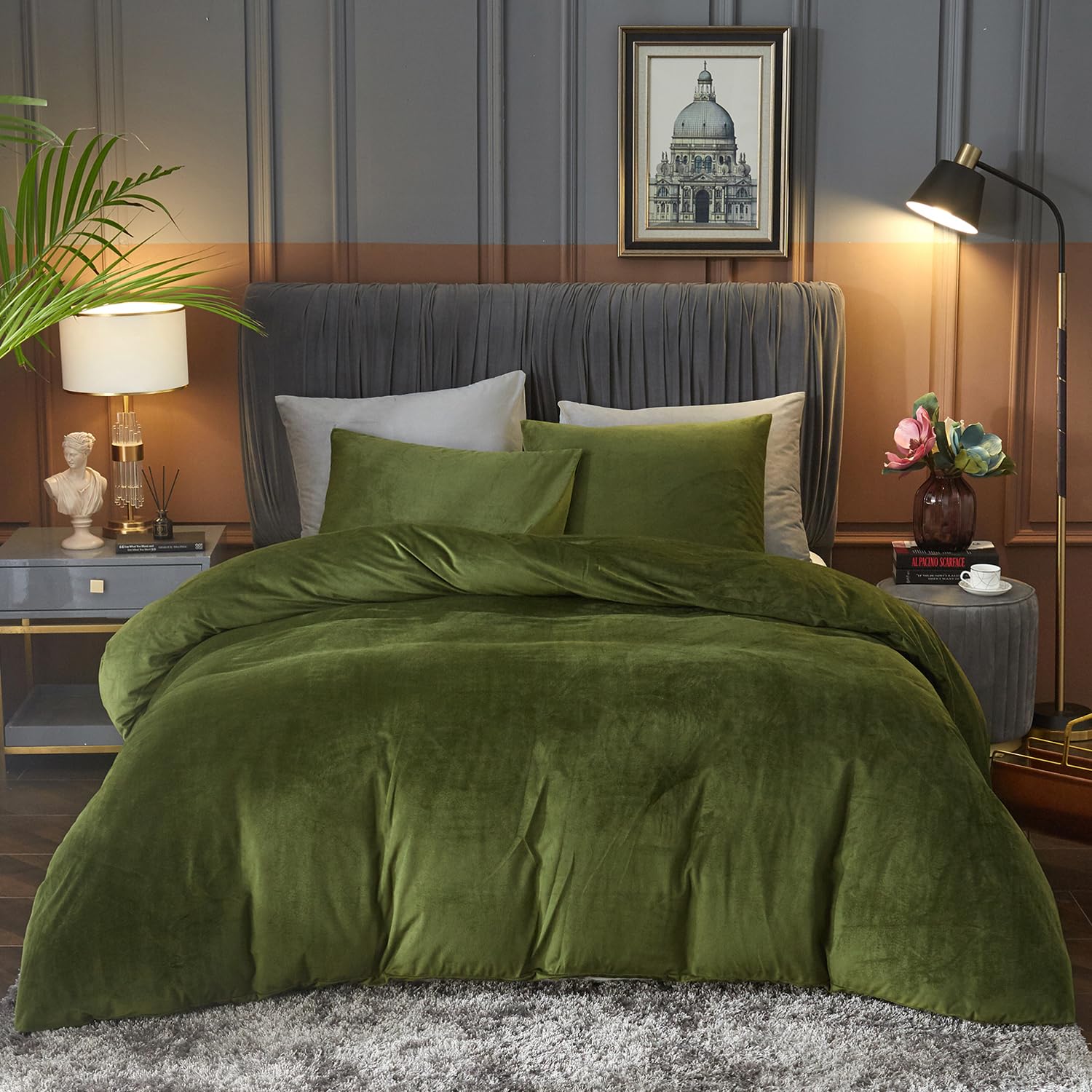 Ivellow Velvet Flannel Duvet Cover King Size Olive Green Comforter ...