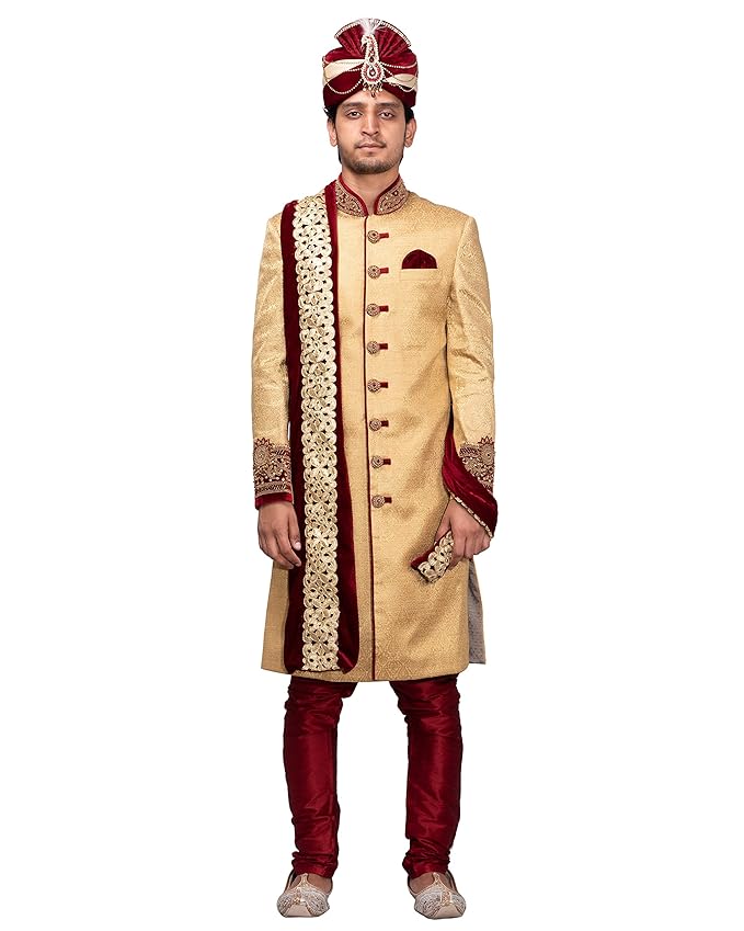 Buy Dulha ghar Men's Blended Fabric Sherwani with Maroon Churidar ...