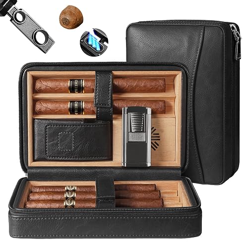 Black Cigar Humidor Box Leather Travel Cedar Wood Cigar Case with Cigar ...