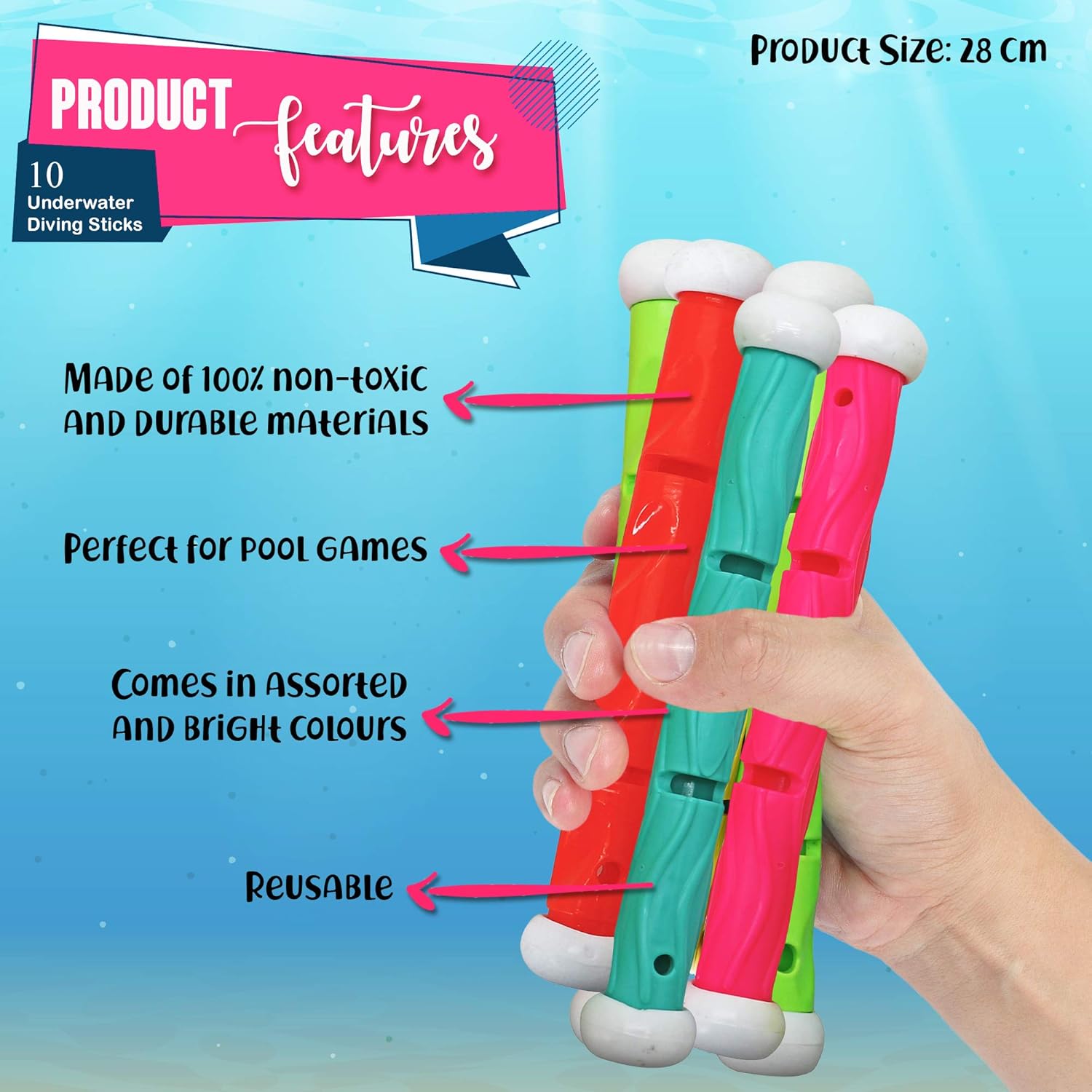 Bramble – 10 Brightly Coloured Underwater Pool Diving Sticks – Assorted ...