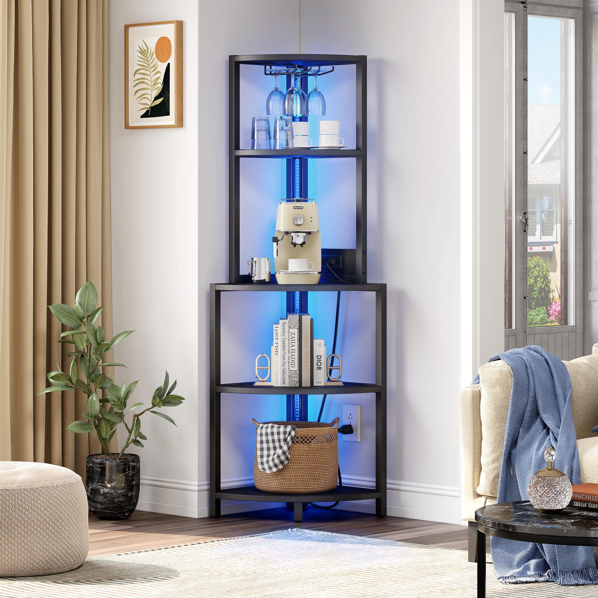 YITAHOME Corner Shelf with Power Outlets & LED Lights & Glass Holder, 5 ...
