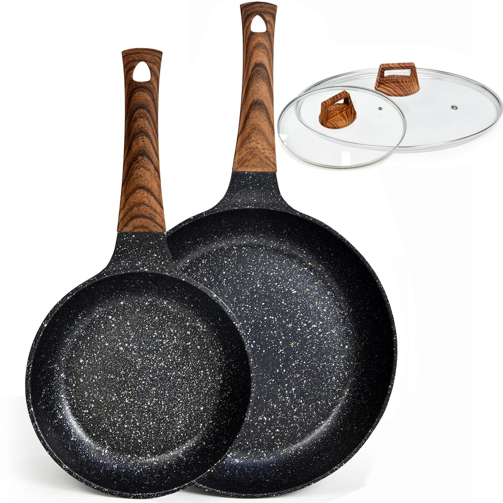 DIIG Nonstick Frying Pans Set with Lid, PFOA-Free Granite Coating Chef ...