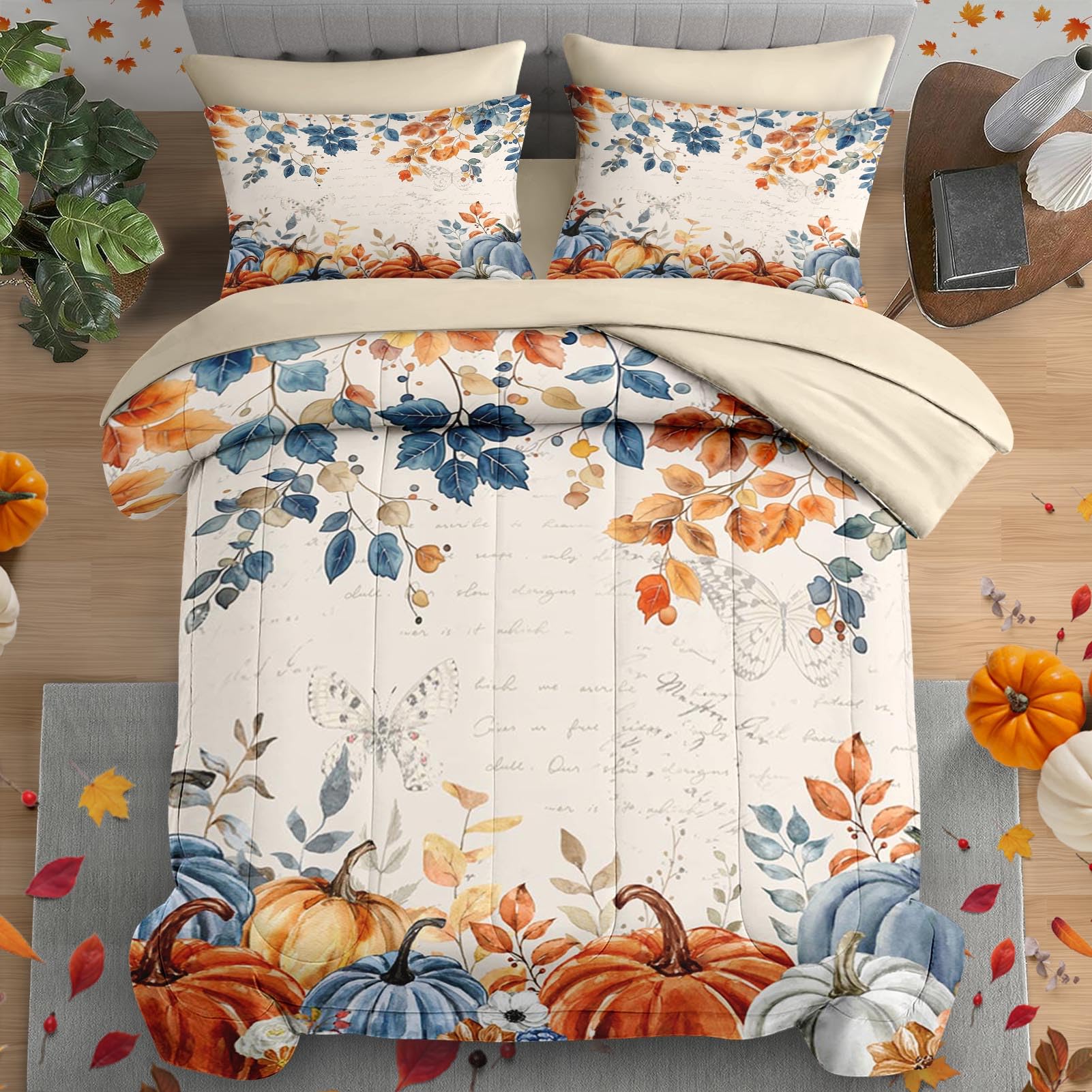 Pamnest Fall Comforter Set Queen Size, Watercolor Pumpkins 7 Pcs ...