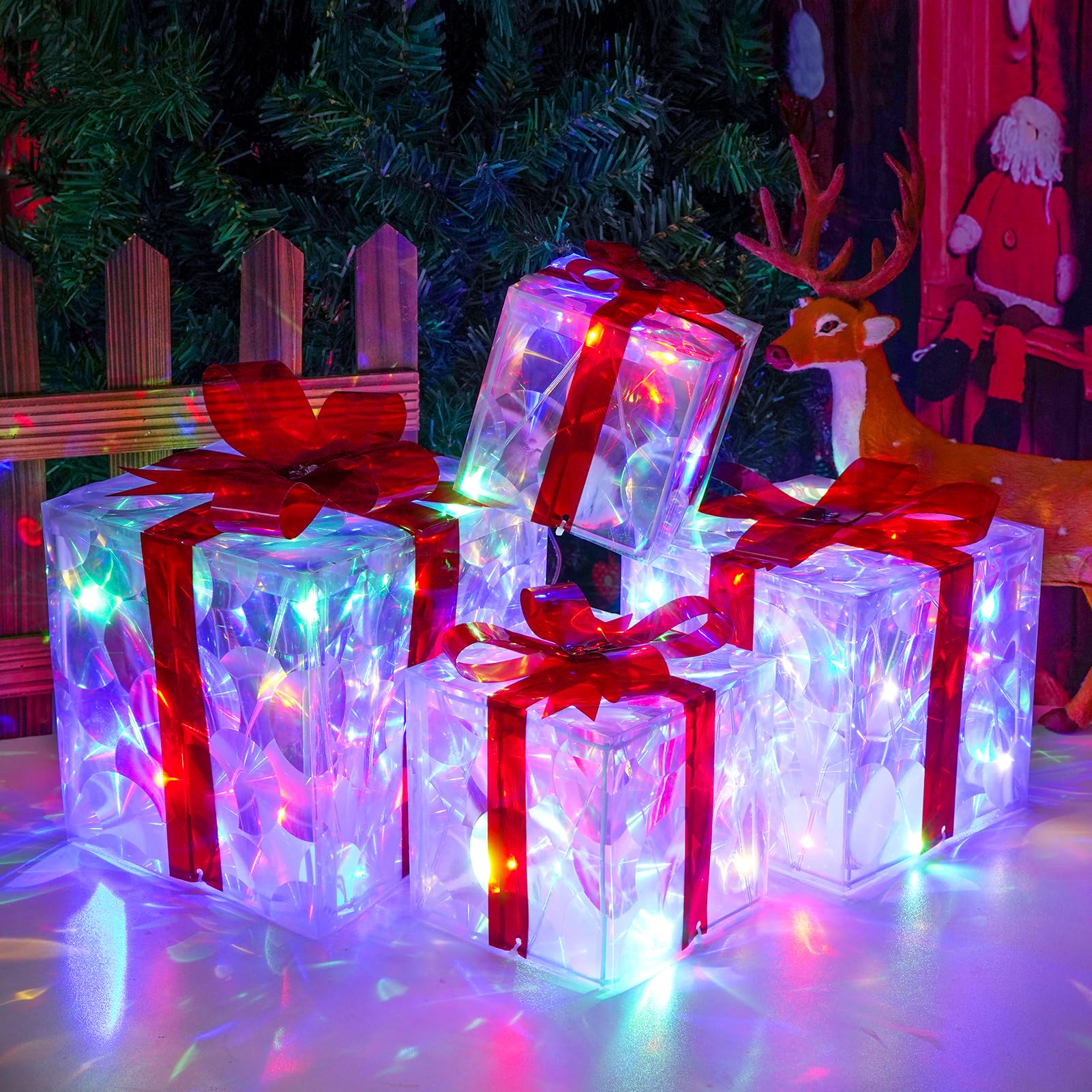 COVFEVER Christmas Lighted Gift Boxes, Pre-lit Lights Gift Boxes Set of ...