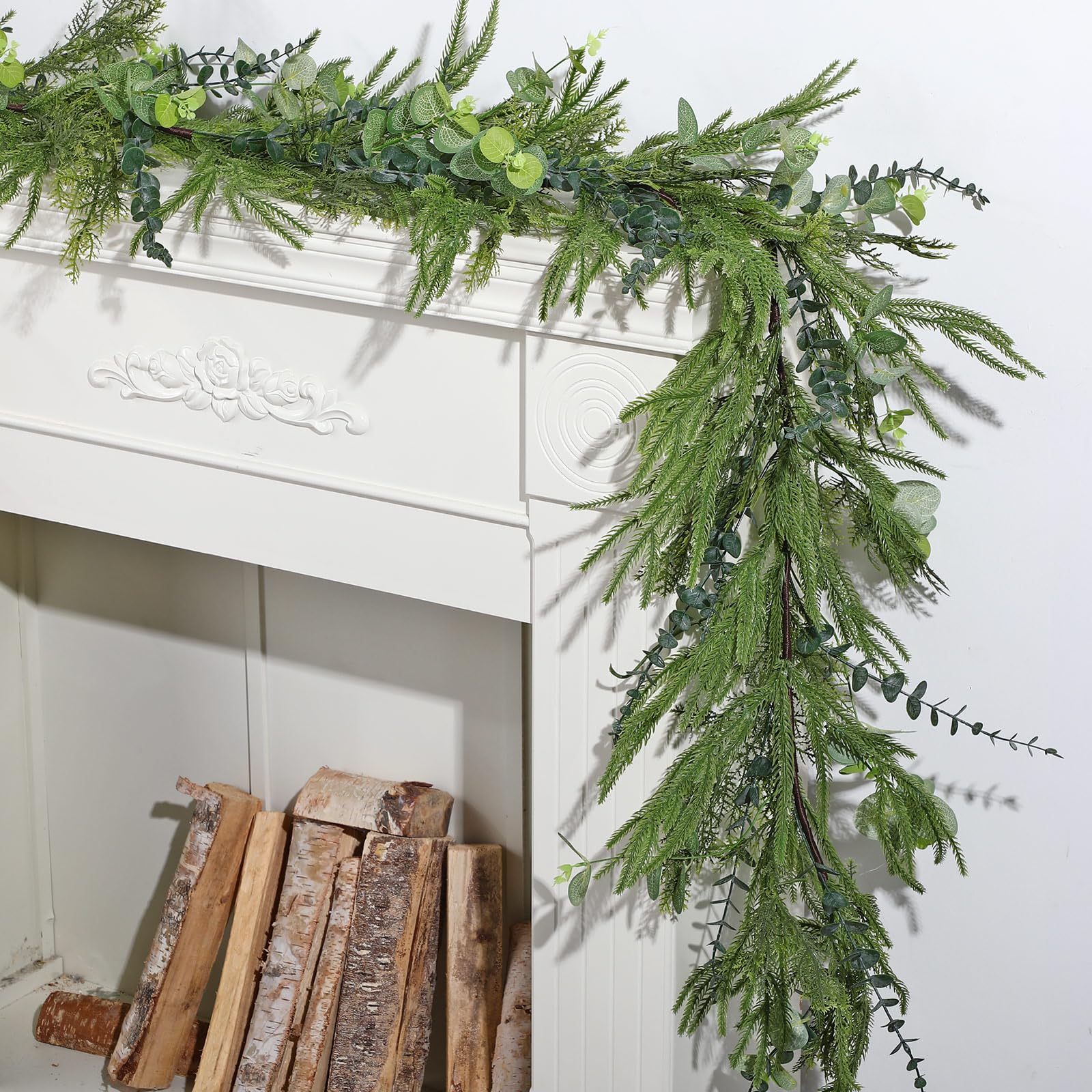 Wavwavw 9ft Christmas Norfolk Pine Garlands, Artificial Realistic Touch Pine Greenery Garland ...