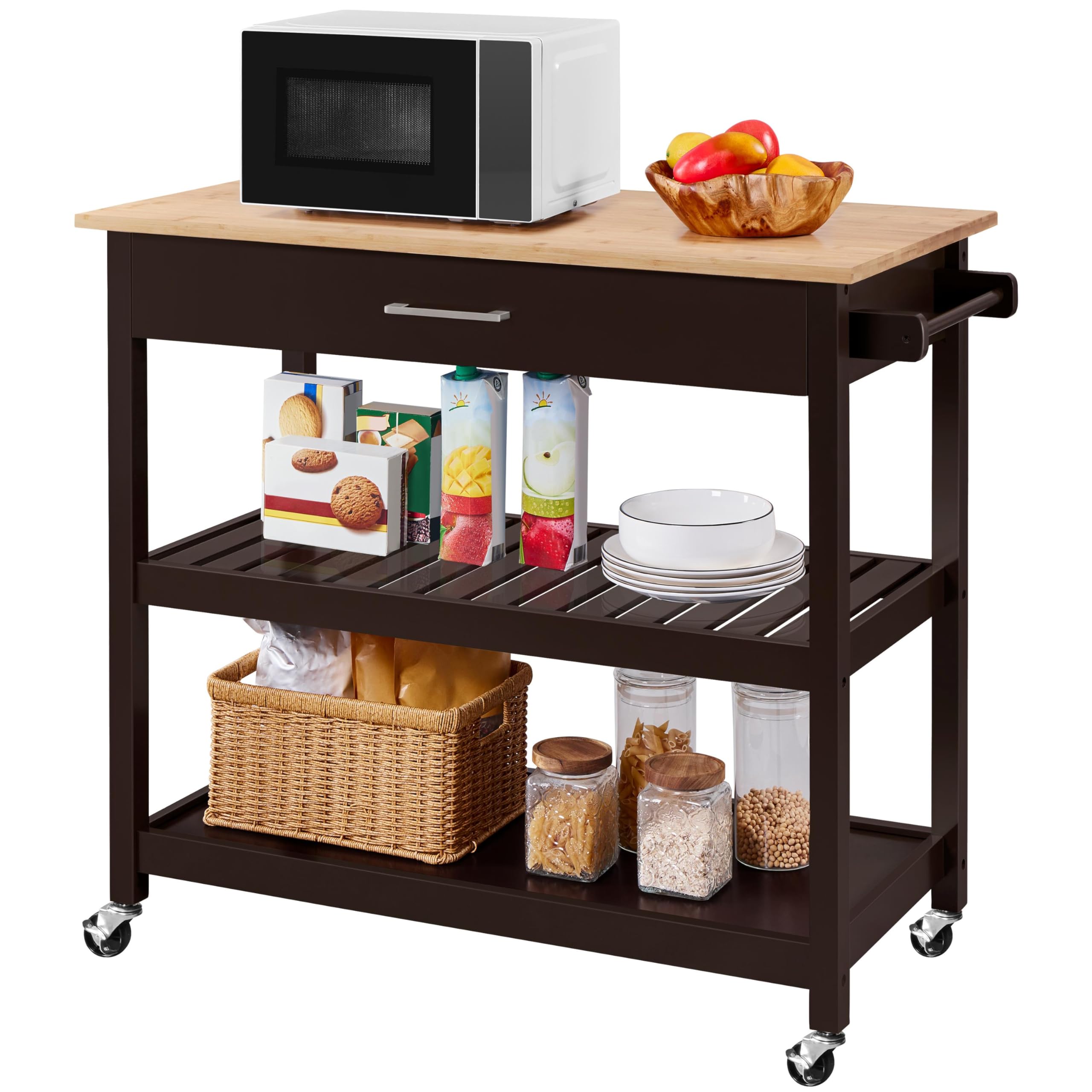 Yaheetech Kitchen Island on Wheels with Bamboo Tabletop, 3-Tier Rolling ...