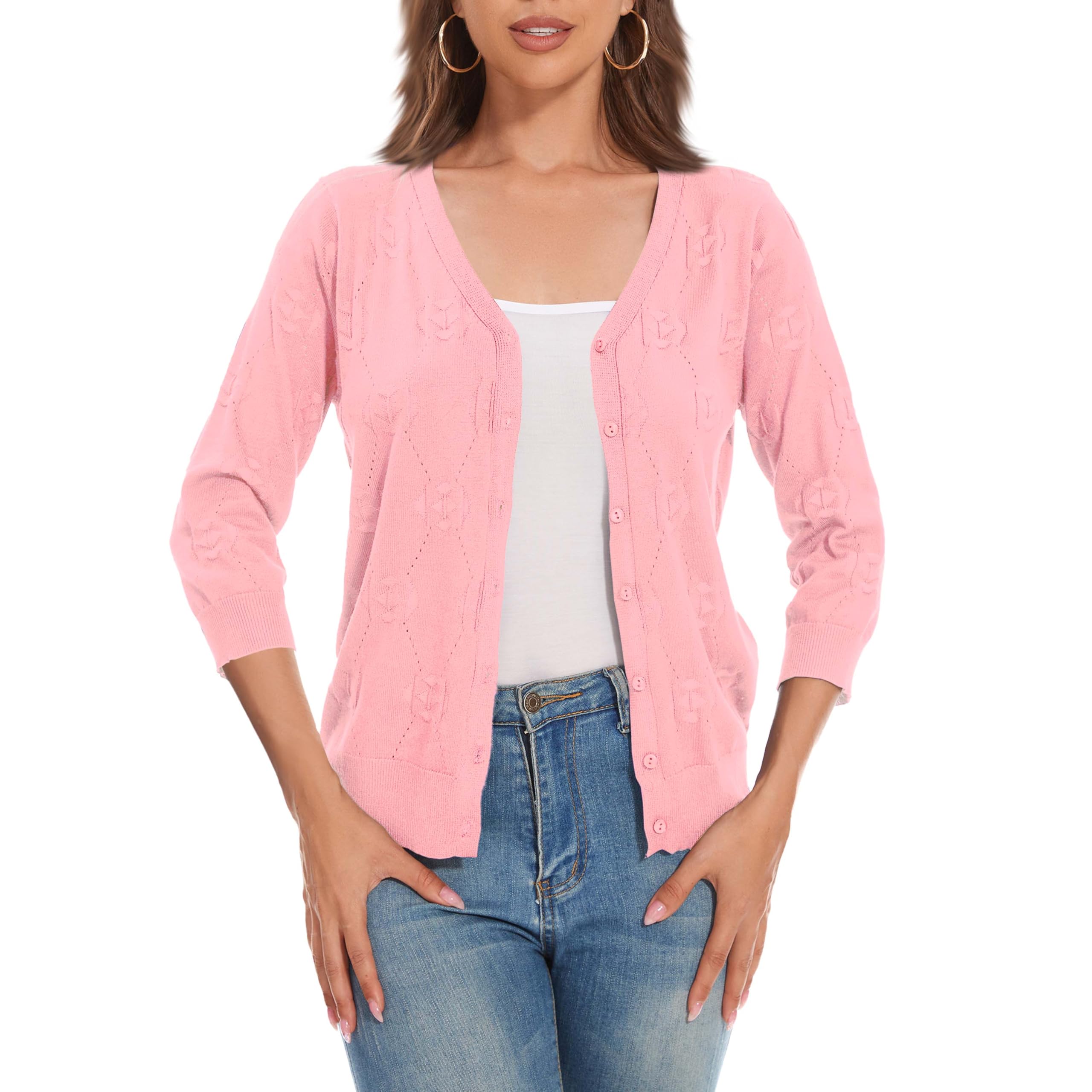 Women's V Neck Cardigan 3/4 Sleeve Button Down Sweater Lightweight ...
