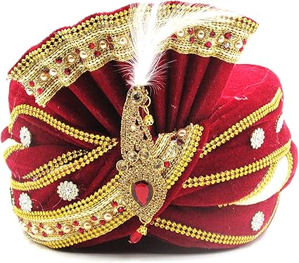 NFA Nathulal Fatehpuria Maroon Velvet Pagdi with Stones butis for Dulha ...