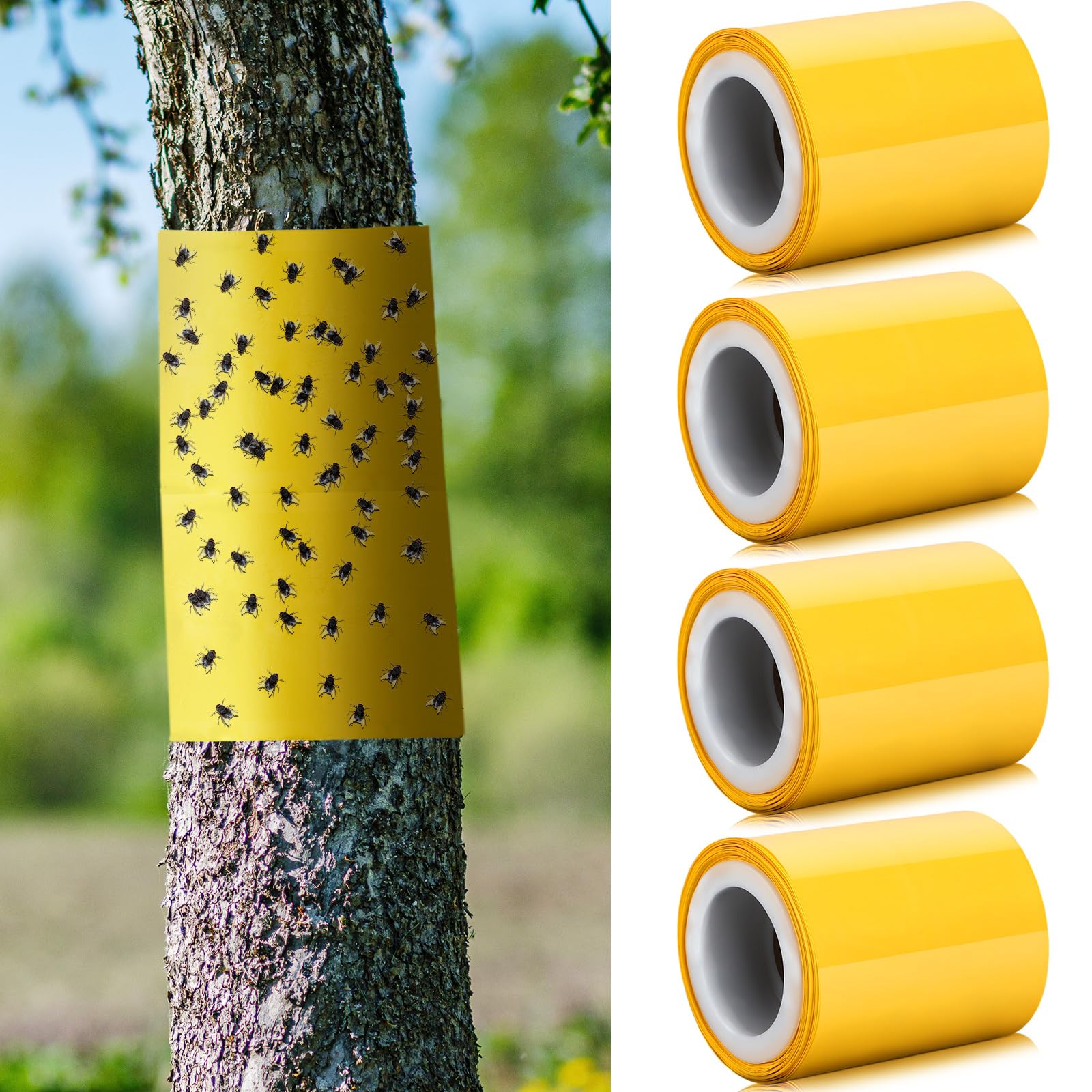 Kittmip 4 Rolls 260ft Lantern Fly Tree Tape Outdoor Adhesive Crawling Insect Trap Yellow Sticky ...