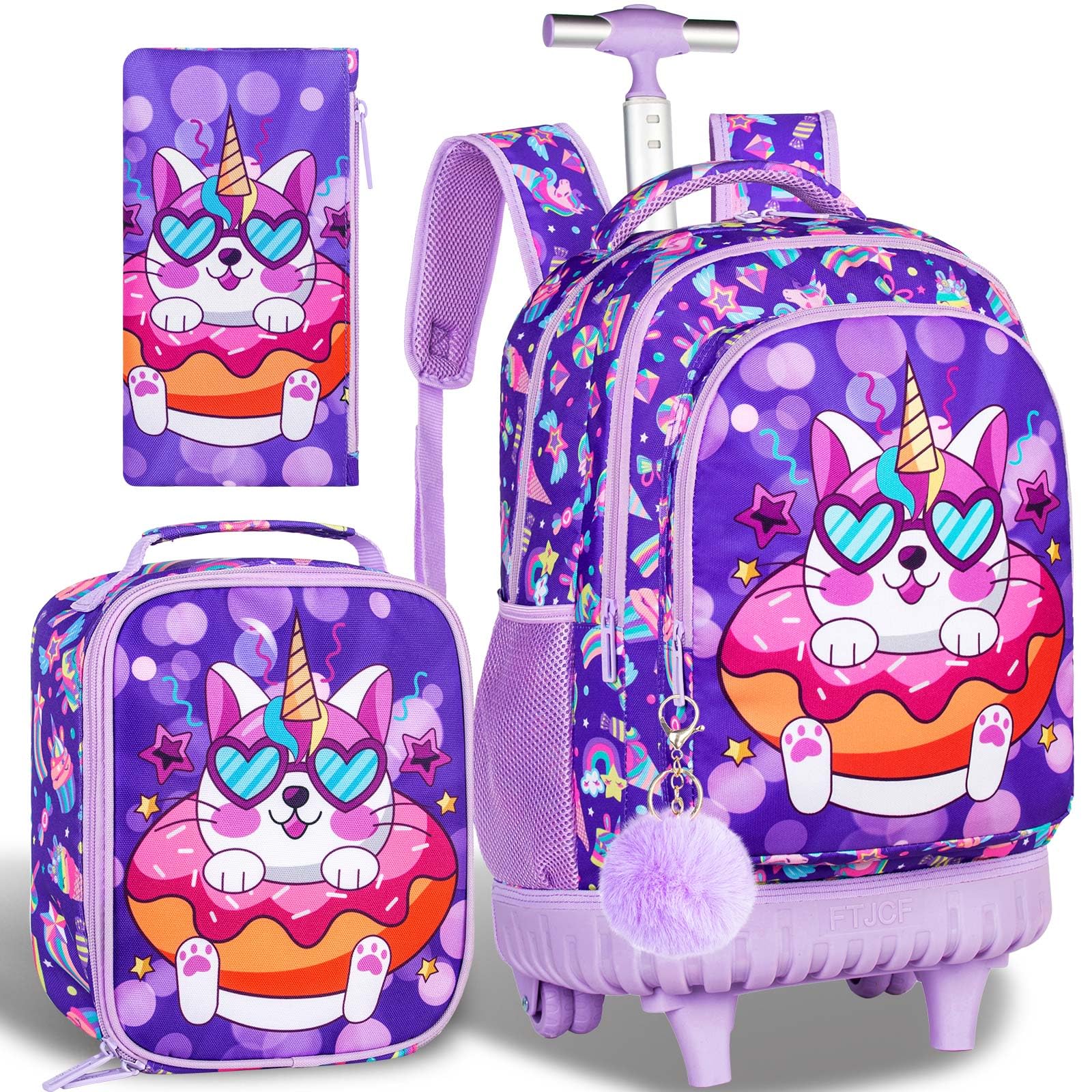 3PCS Rolling Backpack for Girls, 20" Kids Roller Wheels Bookbag ...