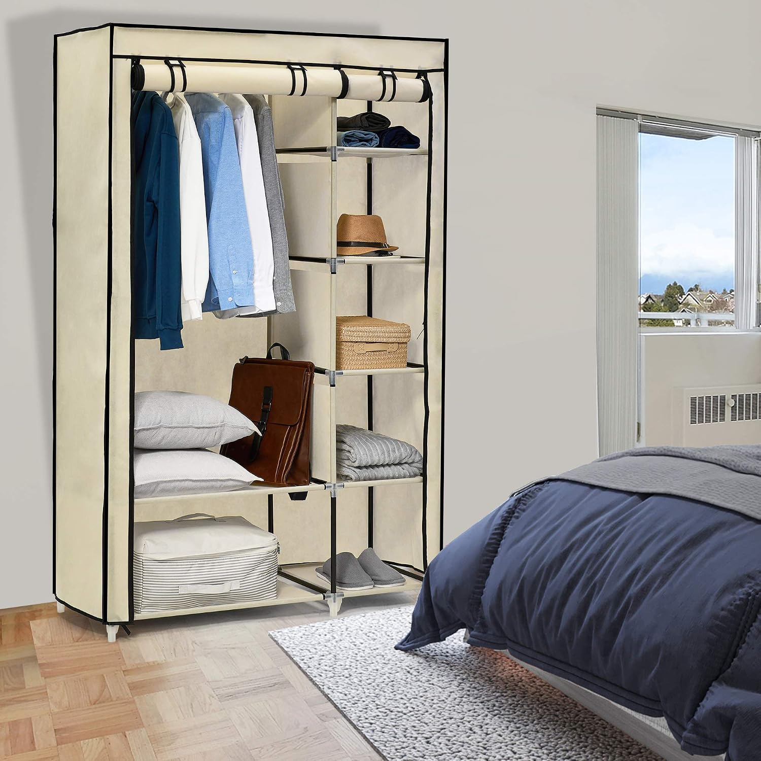 Hododou Portable Wardrobe Double Canvas Wardrobe Cupboard Clothes ...