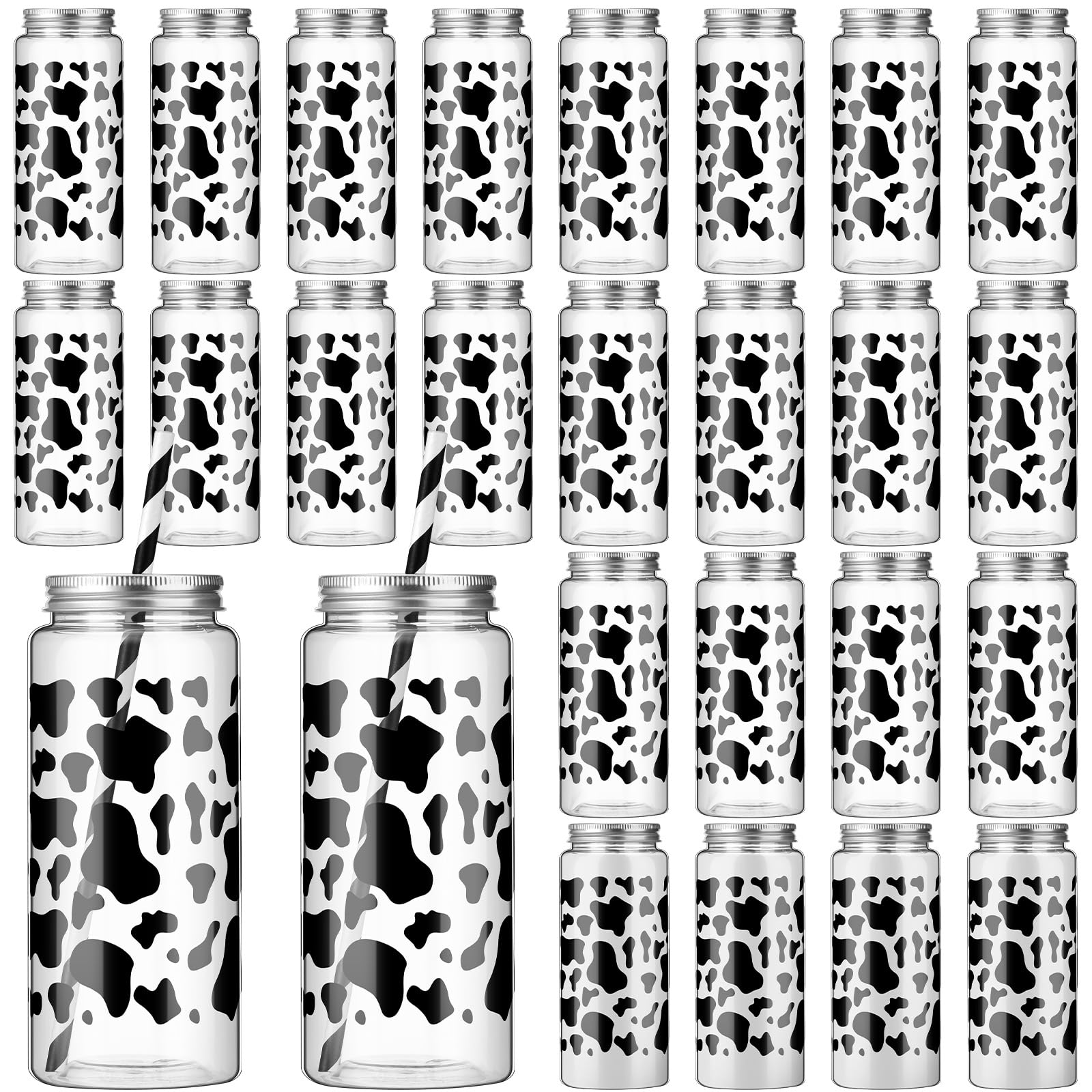 Chuangdi 24 Sets 14 oz Cow Themed Plastic Milk Bottles with Straws and ...