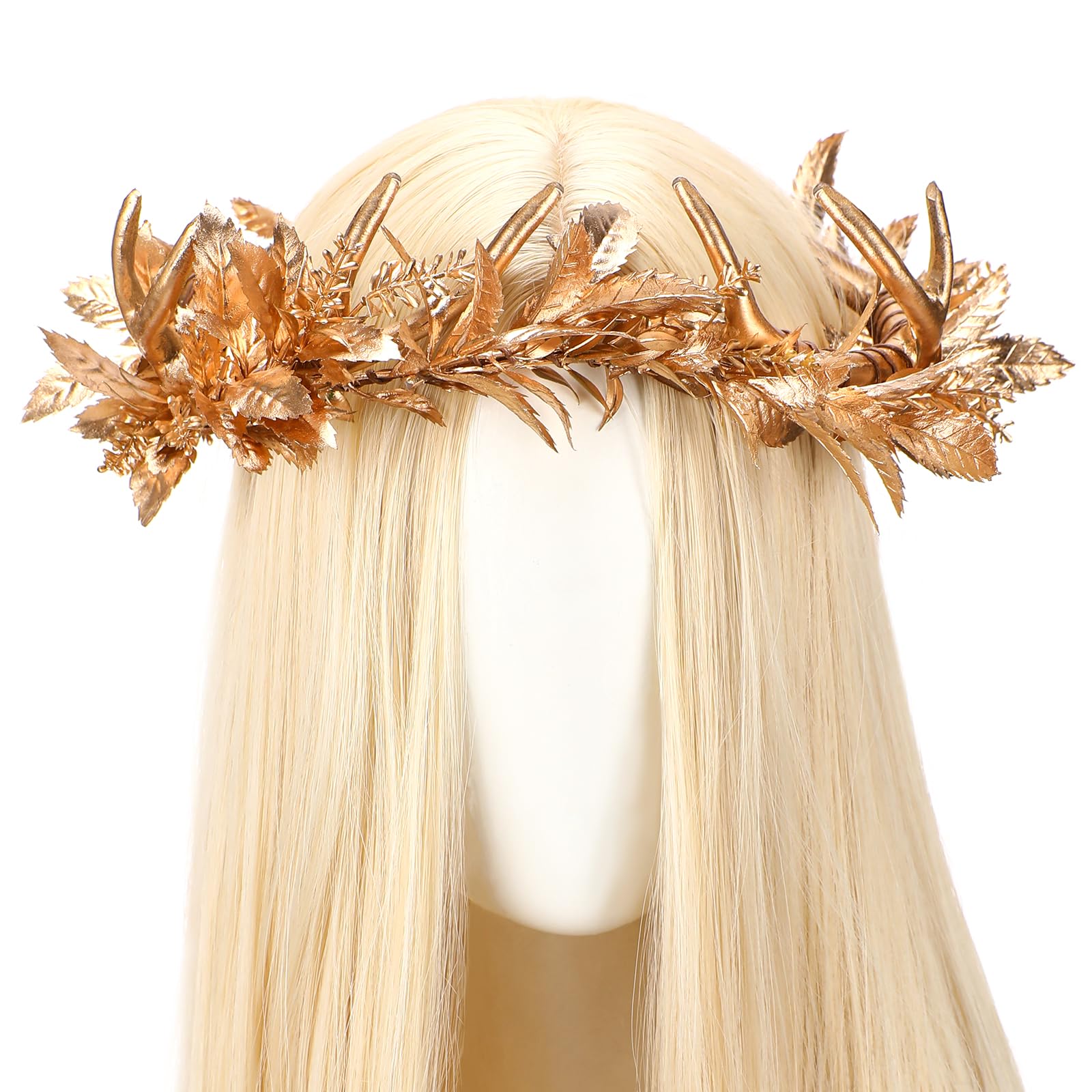 MOSTORY Gold Antler Flower Crown - Floral Fairy Headband Elf Antler Headpiece Woodland Horns ...